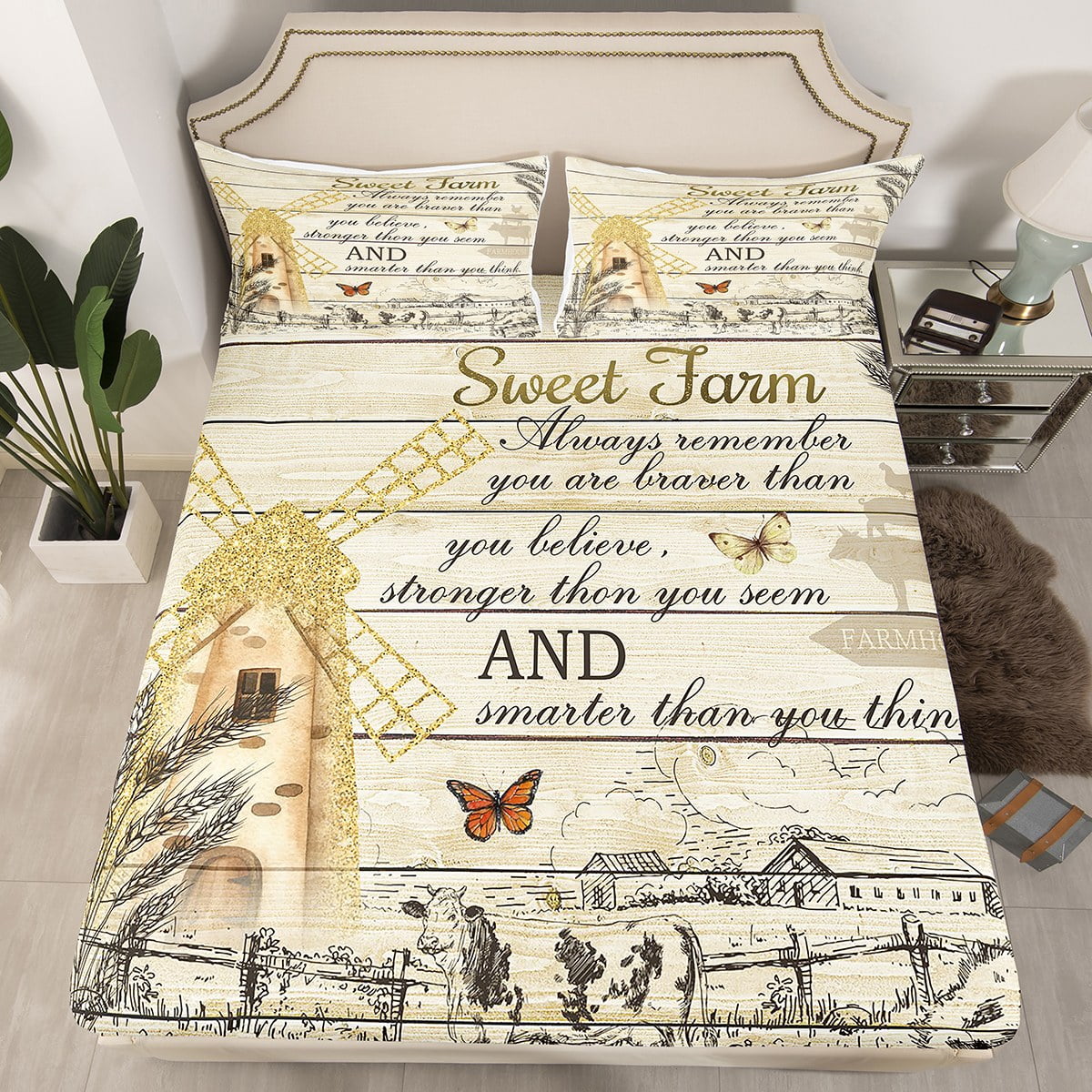 YST Windmill Fitted Sheet Cabin Room Decor, Rustic Farmhouse Bedding ...