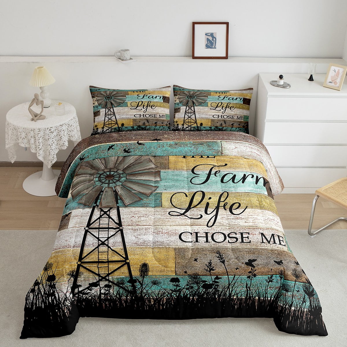 YST Windmill Queen Bedding Set, Farmhouse Rustic Comforter Set For Kids ...