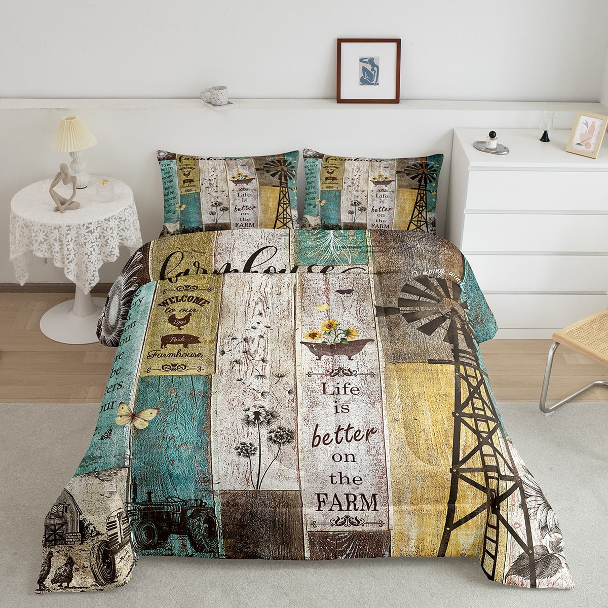 YST Windmill Themed Bedding Set Queen Size, Rustic Farmhouse Comforter ...