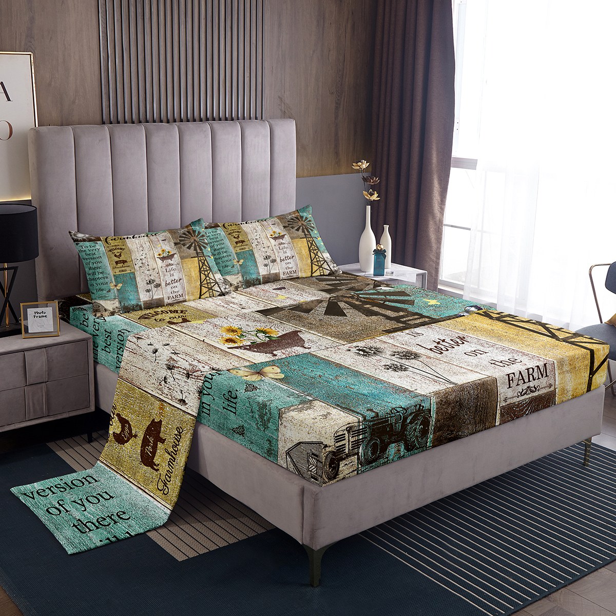 Windmill Themed Sheets Queen Size, Rustic Farmhouse Bed Sheets Set ...