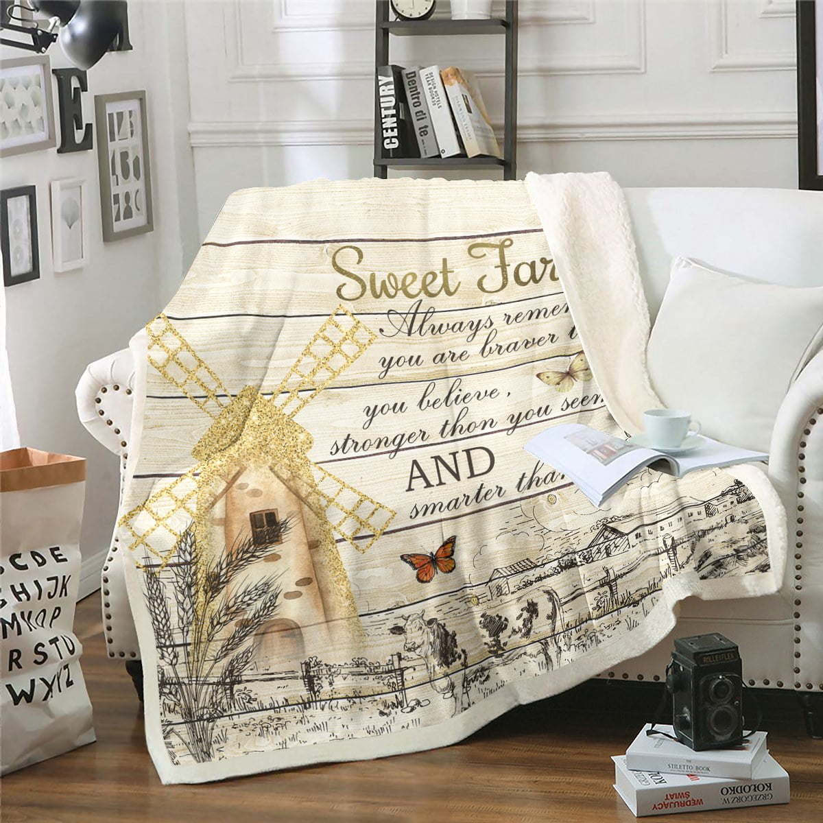 YST Windmill Throw Blanket Cabin Room Decor, Rustic Farmhouse Sherpa ...