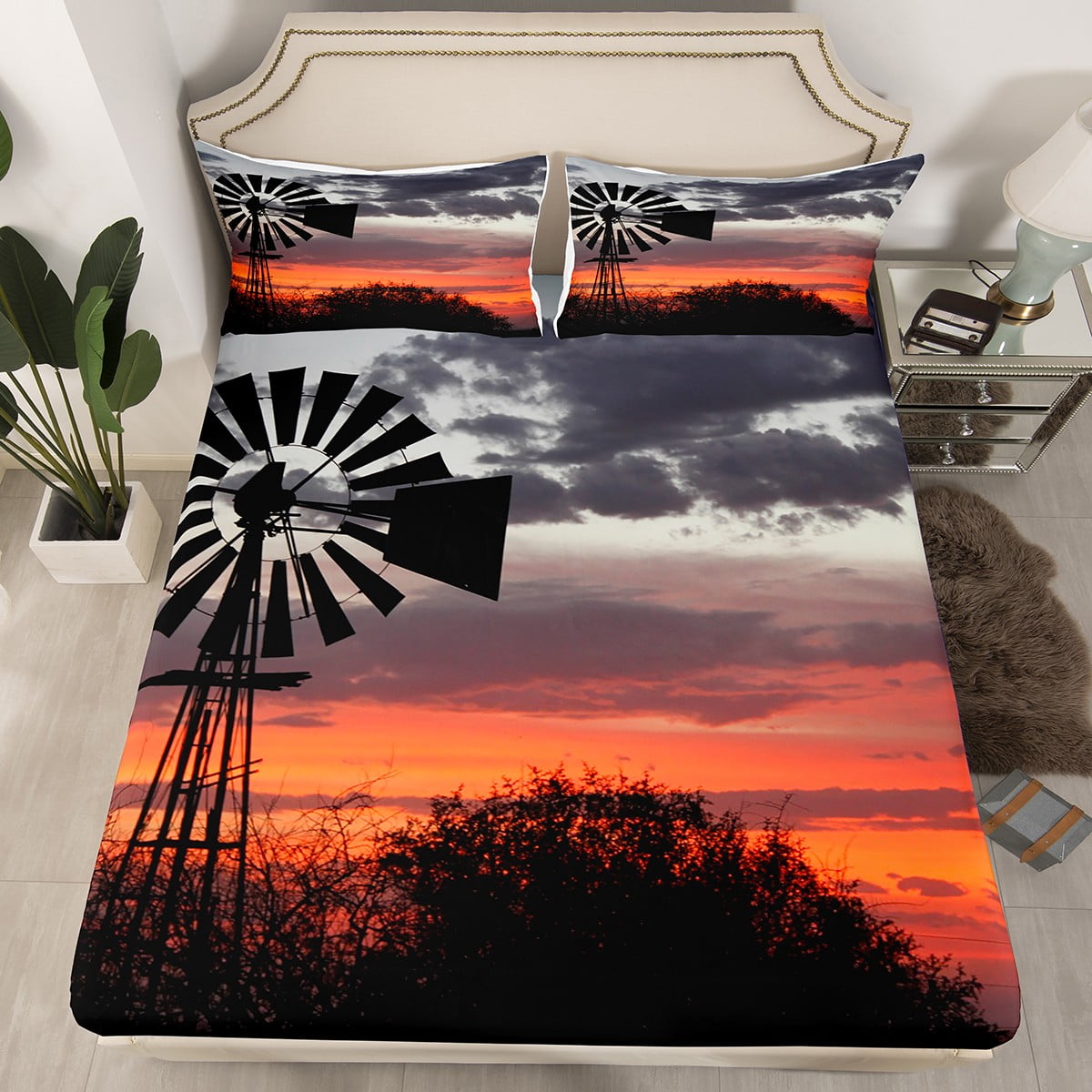 YST Windmill Twin Fitted Sheet Pink Clouds Sheets, Countryside Scene ...