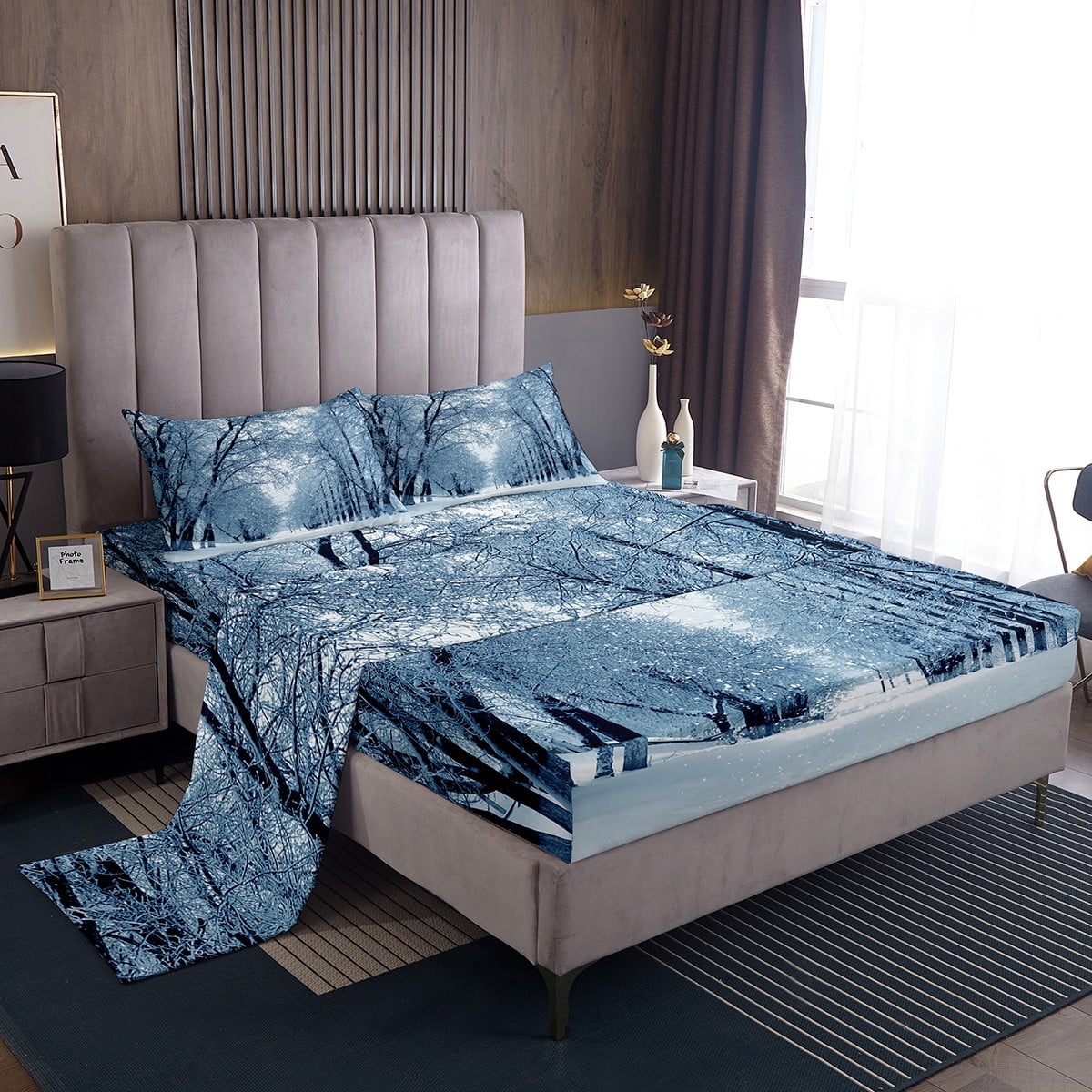 YST Winter Bed Sheets Set Queen, Blue Snow Snowstorm Sheet Set, Park ...