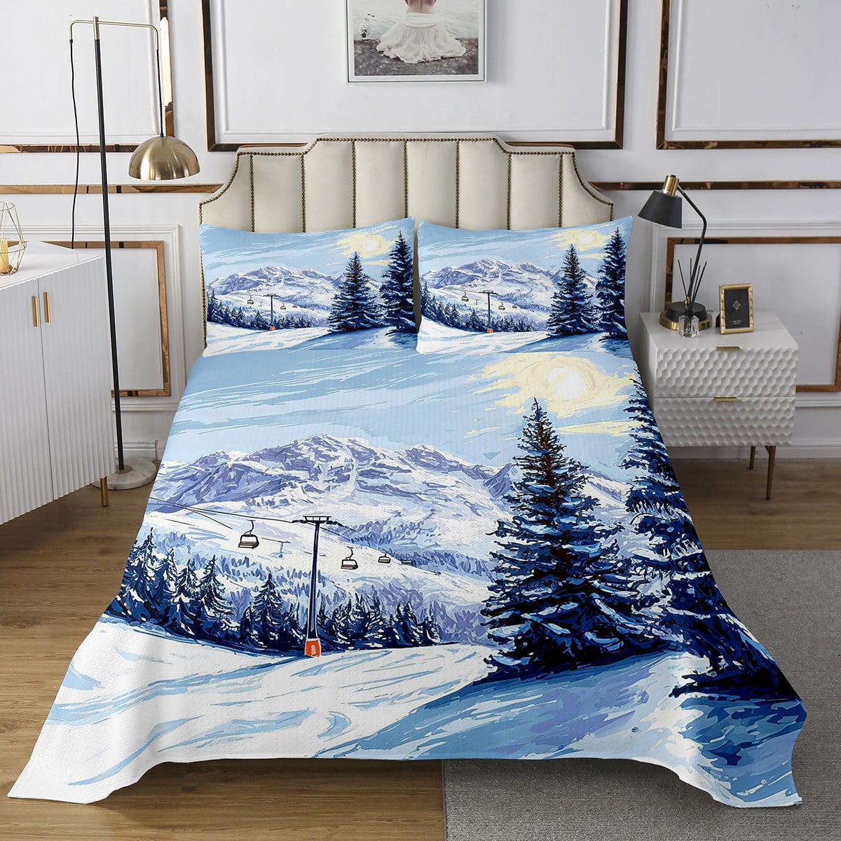 YST Winter Bedspread Set Ski Lift With Fir Trees Quilt Set For Boys ...