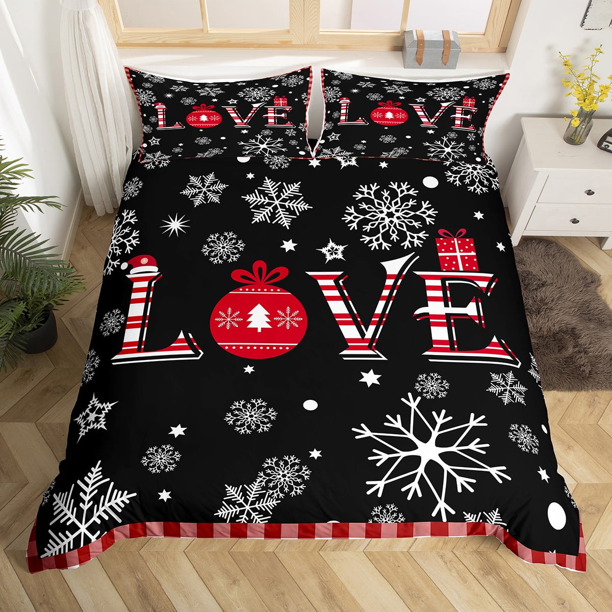 YST Winter Snowflake Comforter Cover Christmas Tree White Snow Pattern ...