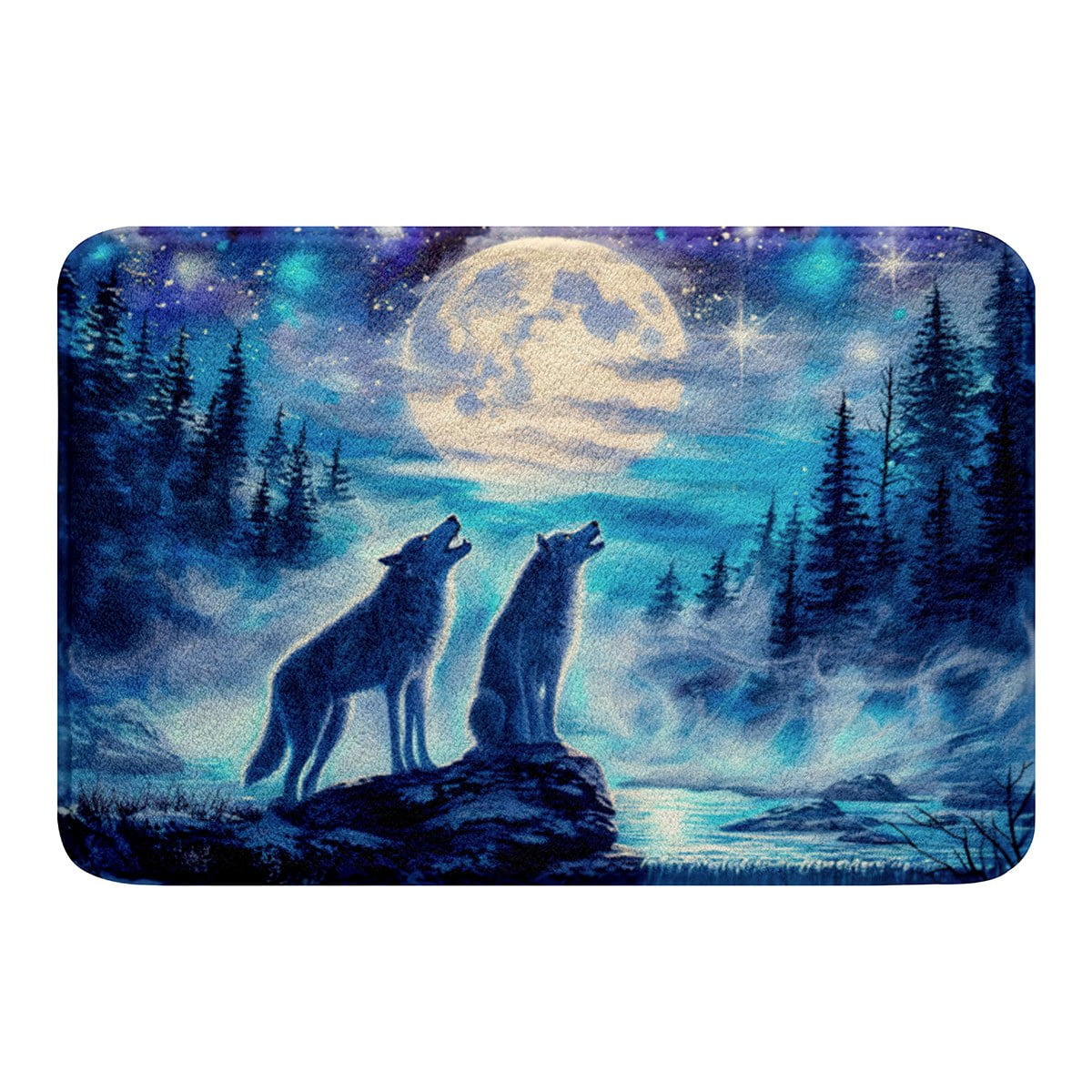 YST Wolf Bathroom Rugs,Teal Blue Galaxy Bath Rugs Moon and Stars Decor ...