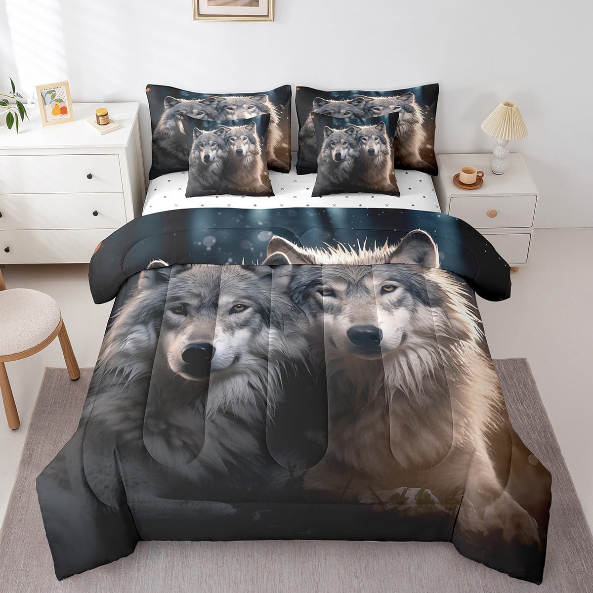 YST Wolf Bed In A Bag Queen 7 Pieces, Wild Animal Comforter Tribal ...