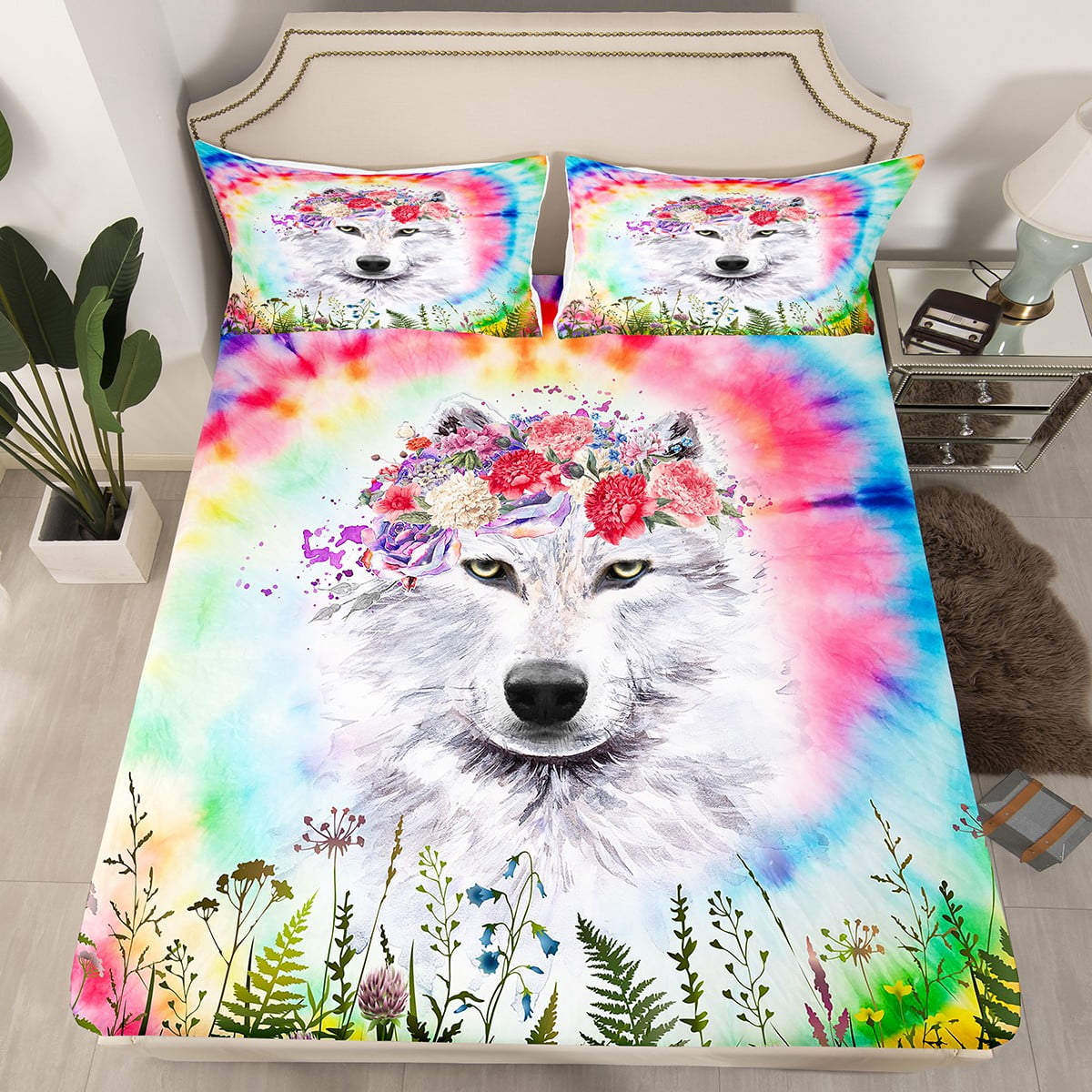 YST Wolf Bed Sheets Queen,Watercolor Flowers Fitted Sheet for Girls ...