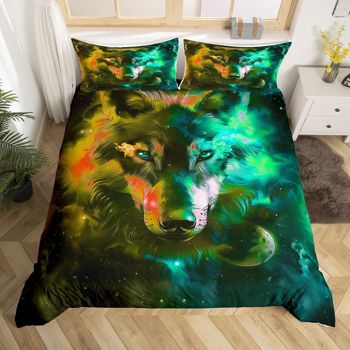 YST Wolf Bedding Set Galaxy Moon Tie Dye Wolf Duvet Cover, Animal Wolf ...