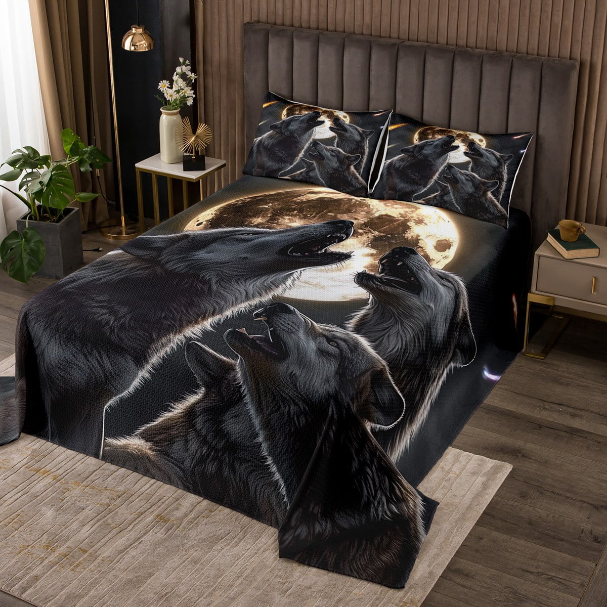 Wolf Bedspread Queen ,Galaxy Moon Wolf Quilt Set Goth Room Decor ...