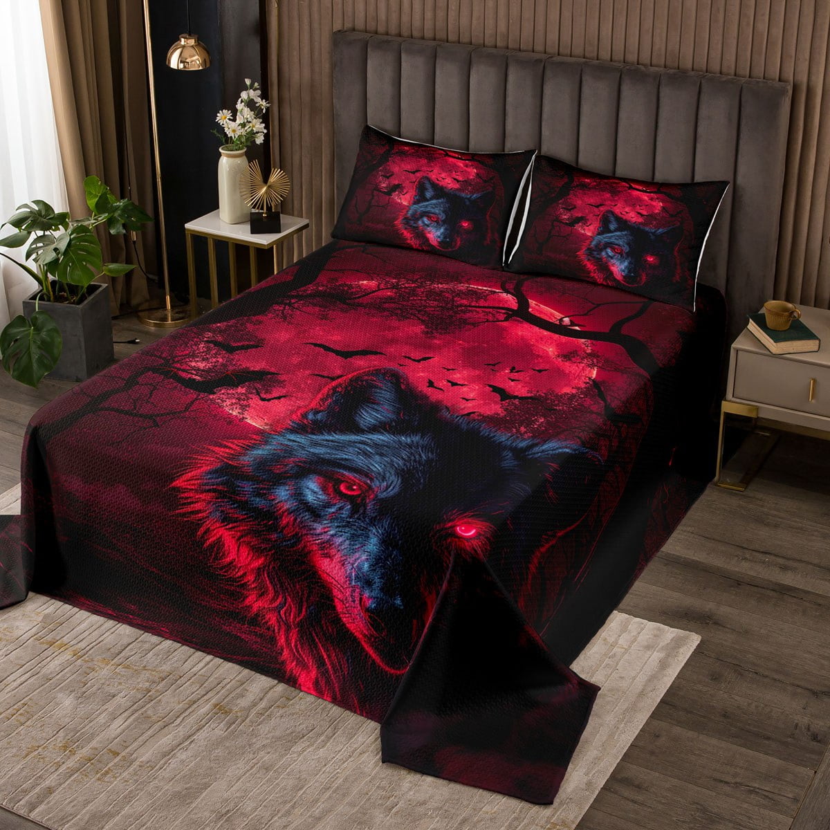 Erosebridal Wolf Bedspread Queen Size,Red Moon Wolf Quilt Set Adults ...