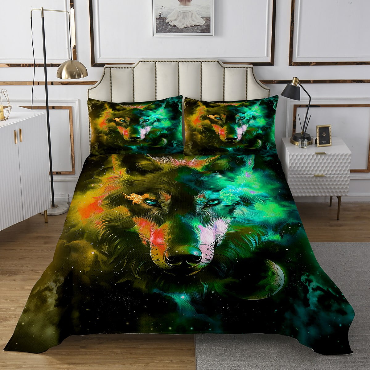 Wolf Bedspread Set Galaxy Moon Tie Dye Wolf Quilt Set, Animal Wolf ...