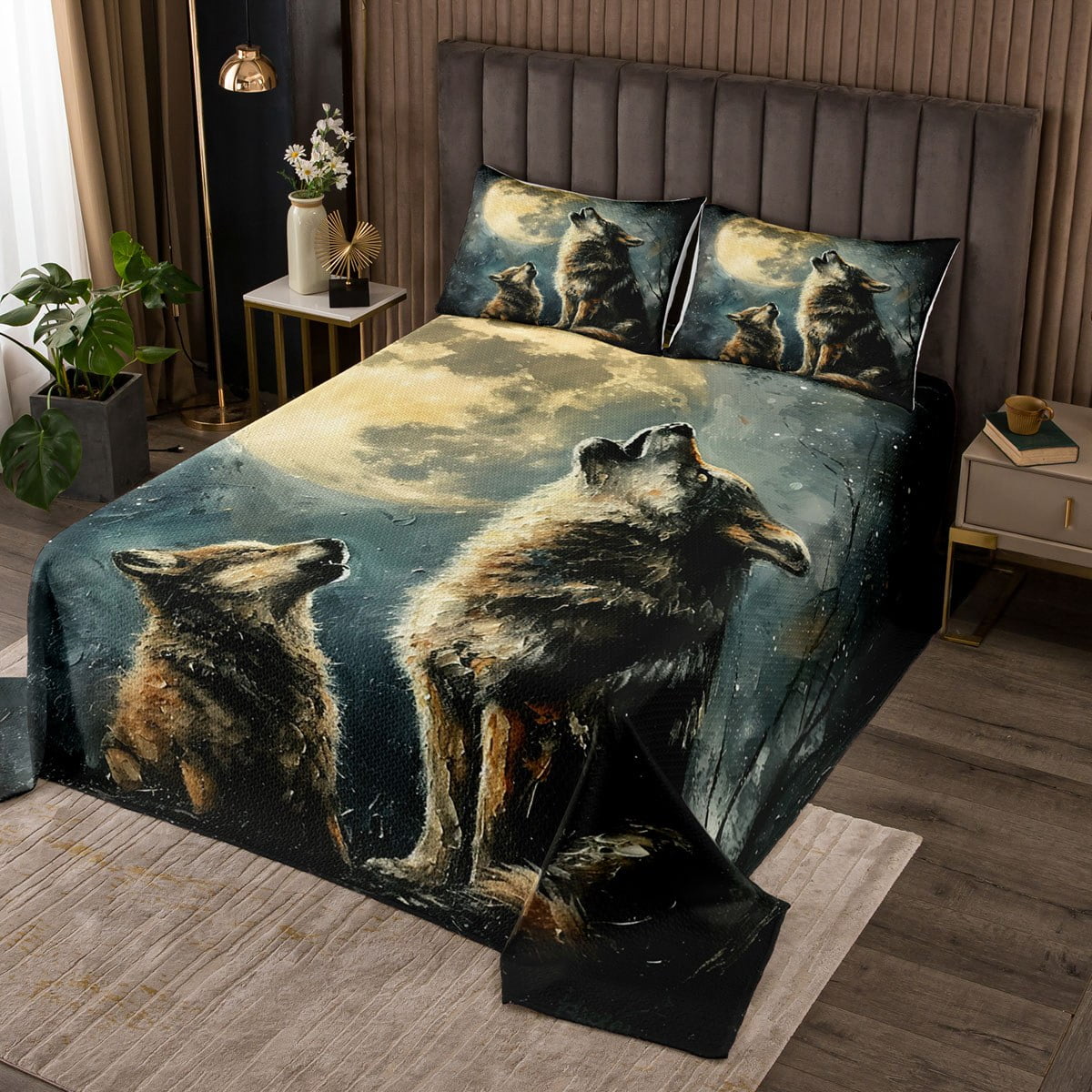 Erosebridal Wolf Bedspread Twin Adults,Galaxy Moon Wolf Quilt Set ...