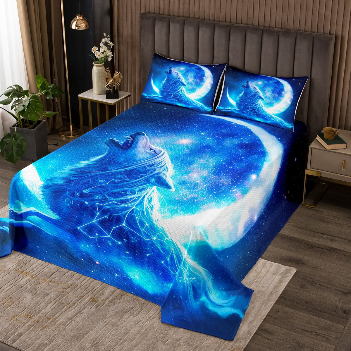 Wolf Bedspread Twin Size,Blue Moon Galaxy Quilt Set Wolf Bedroom Decor ...