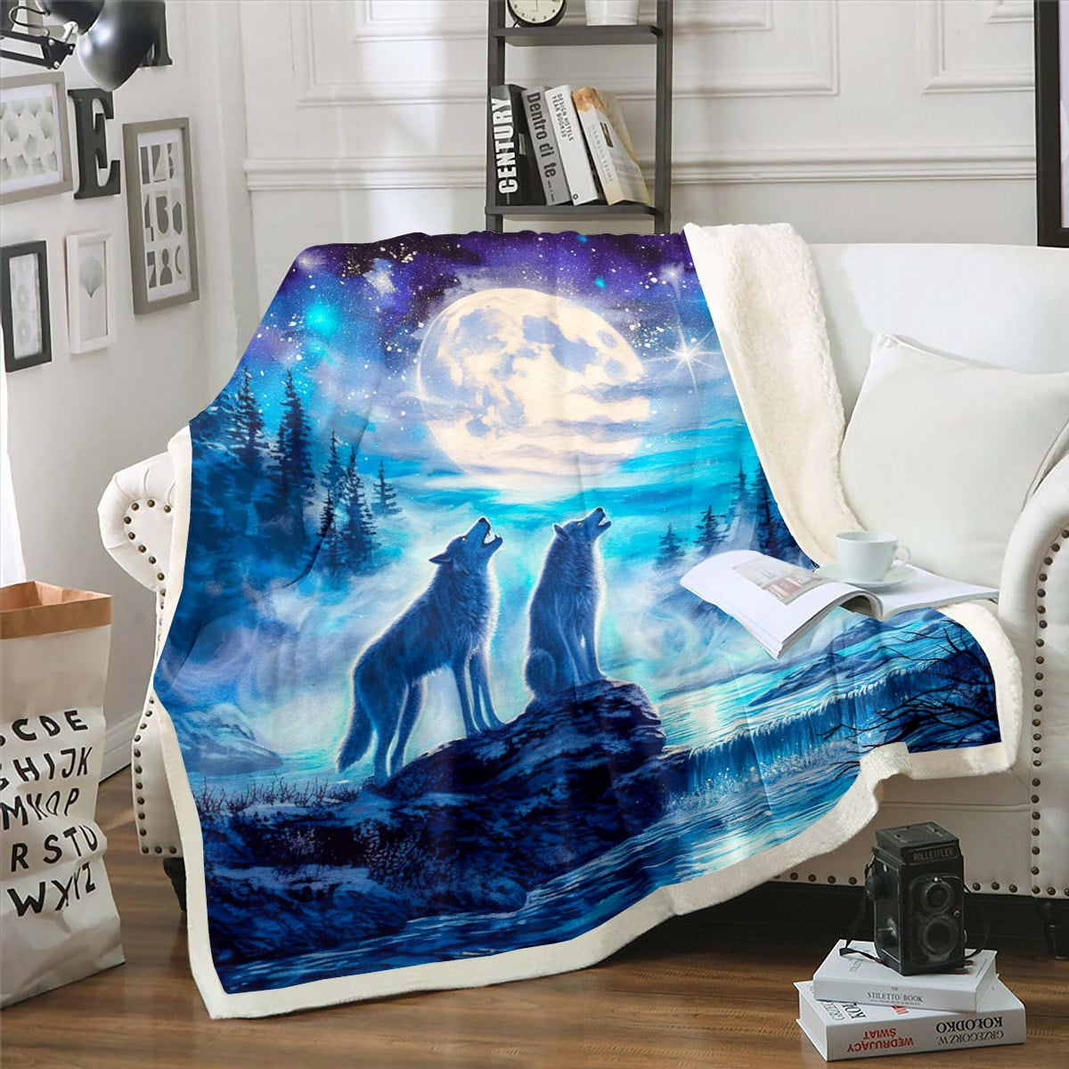 Wolf Blanket ,Teal Blue Galaxy Throw Blanket Moon and Stars Decor for ...