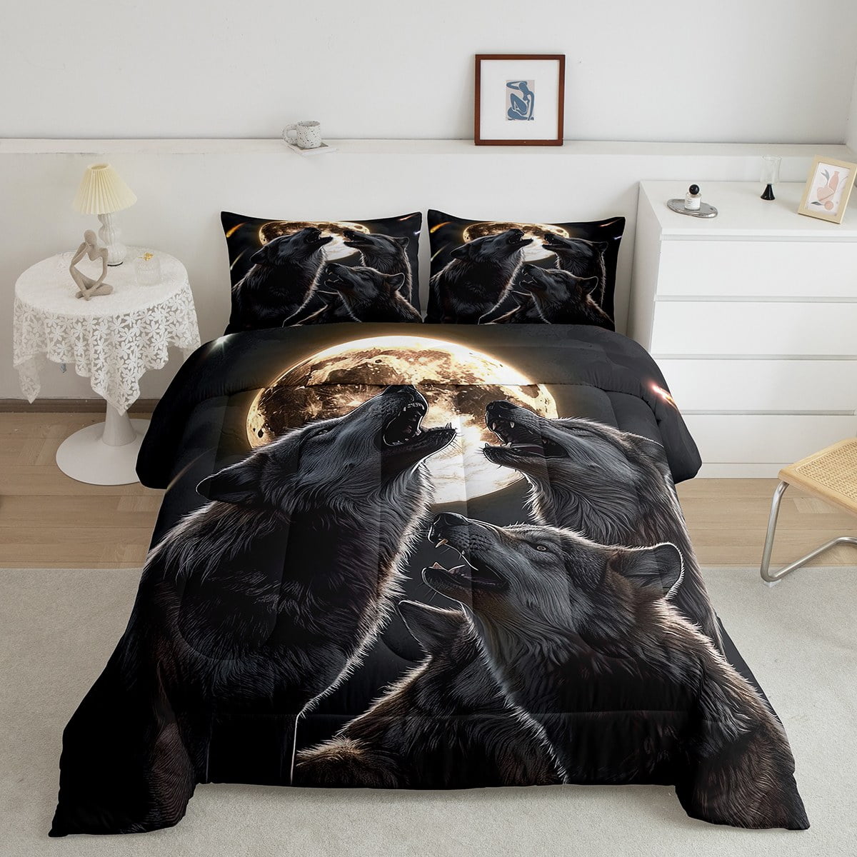 Erosebridal Wolf Comforter Set King,Galaxy Moon Wolf Bedding Set Goth ...