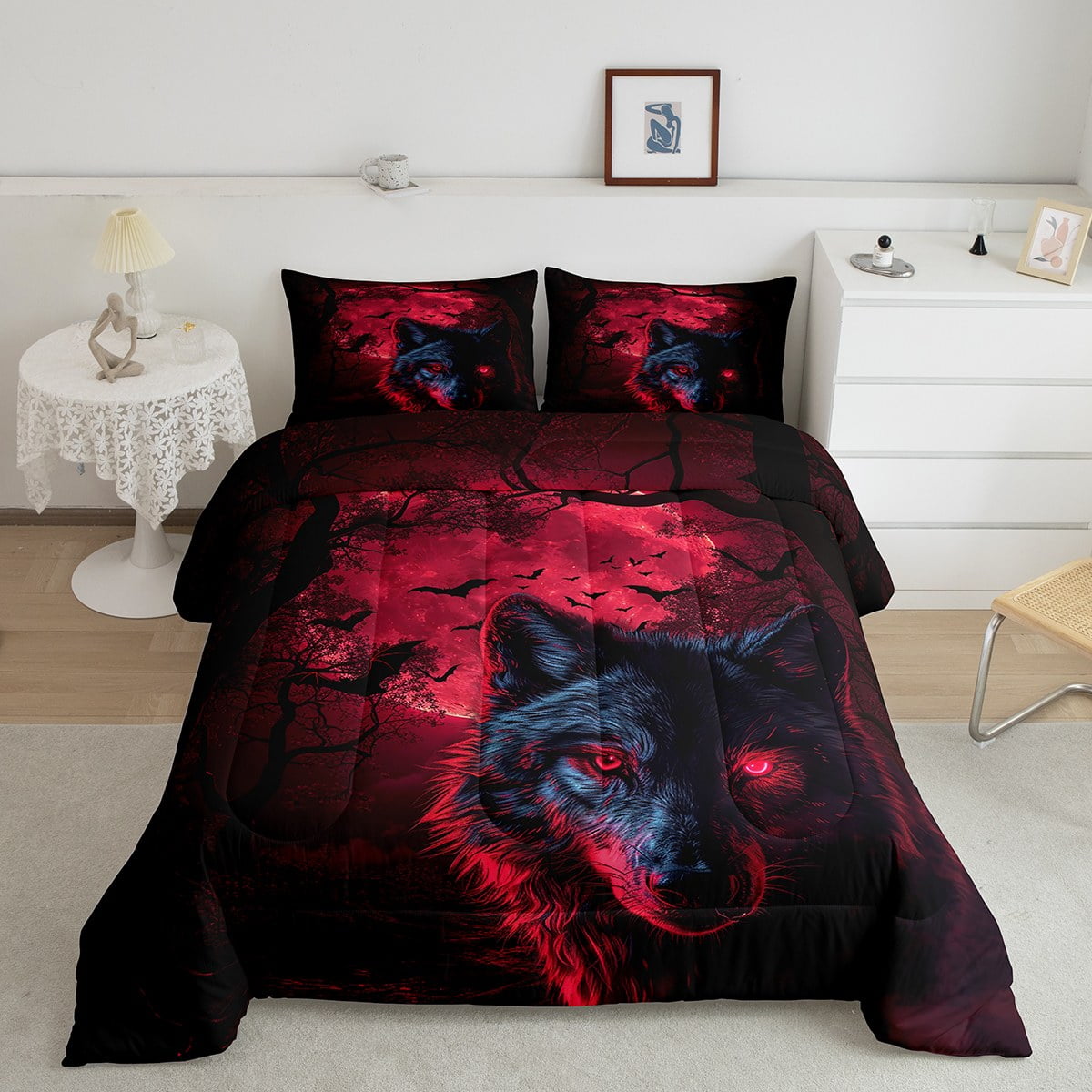 Wolf Comforter Set Queen Size,Red Moon Wolf Bedding Set Adults,Safari ...
