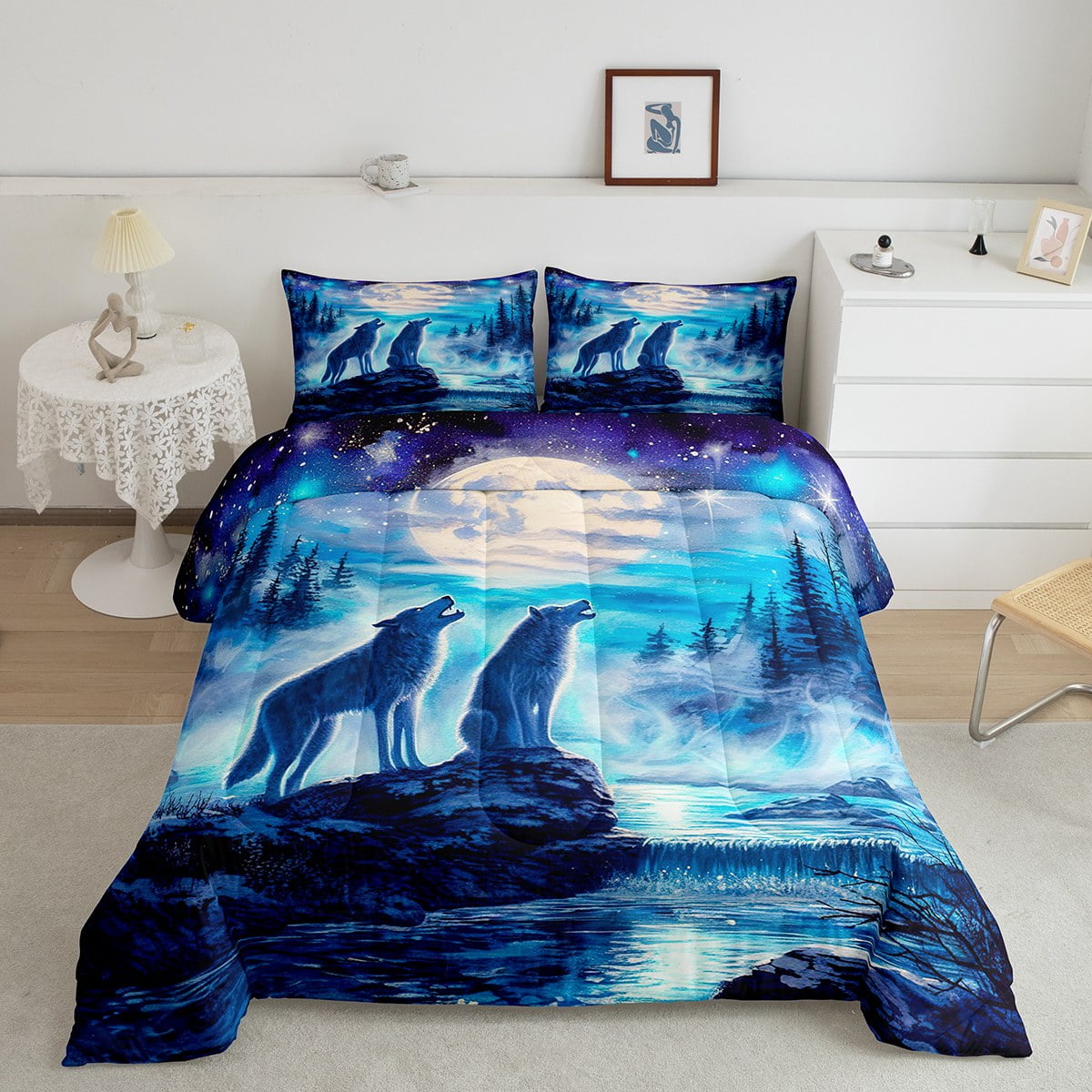 Erosebridal Wolf Comforter Set Queen Size,Teal Blue Galaxy Bedding Set ...