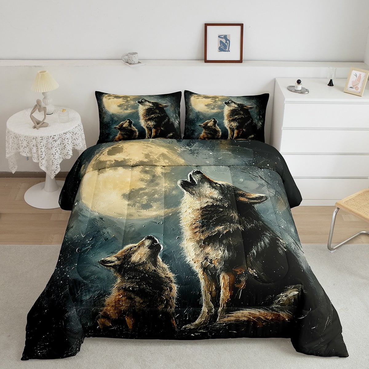 Erosebridal Wolf Comforter Set Twin Adults,Galaxy Moon Wolf Bedding Set ...