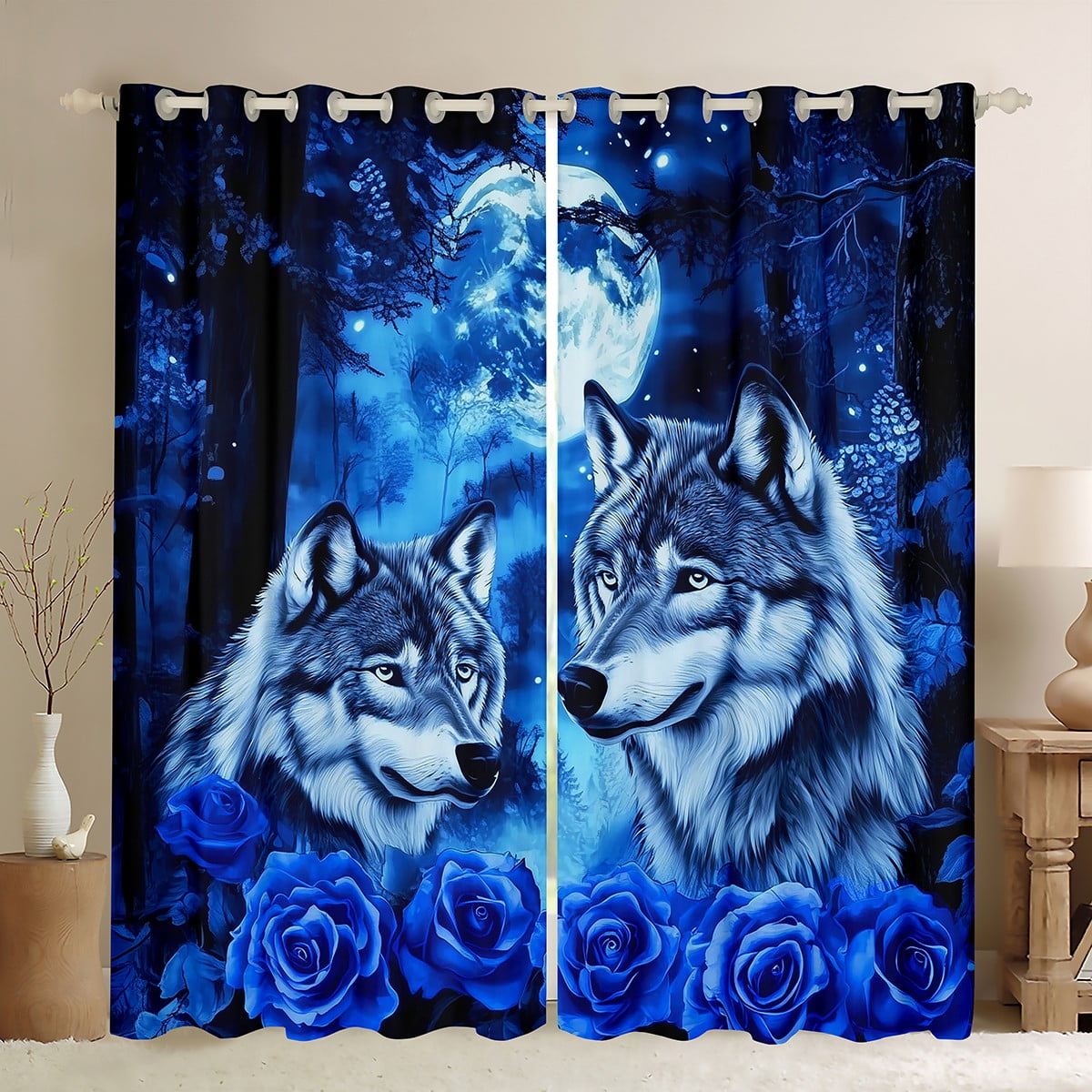 YST Wolf Couple 42"Wx84"L 2 Panels Curtains & Drapes,Blue Starry Sky ...