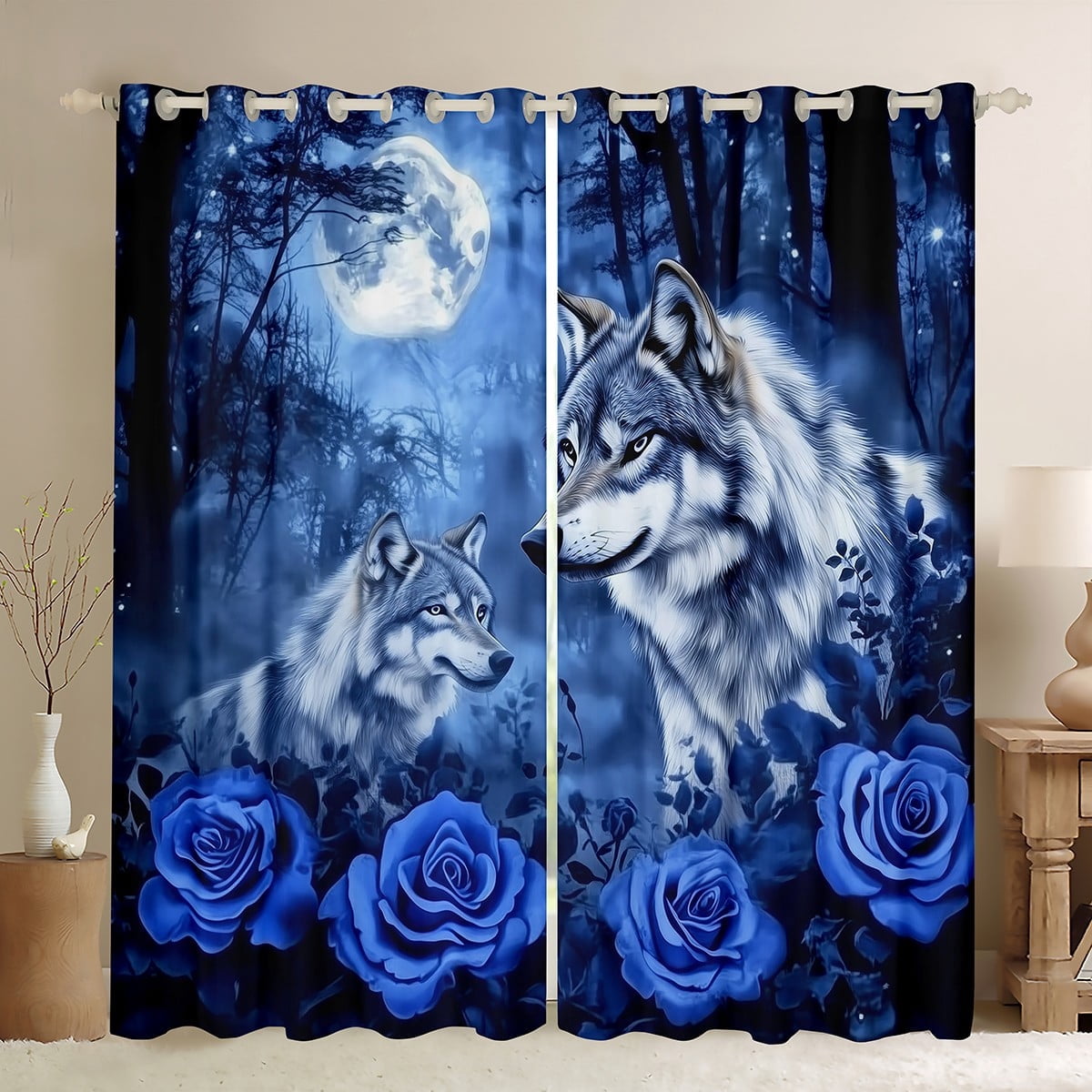 Wolf Couple Window Curtains 38"Wx45"LMoon Blue Rose Flower Curtains ...