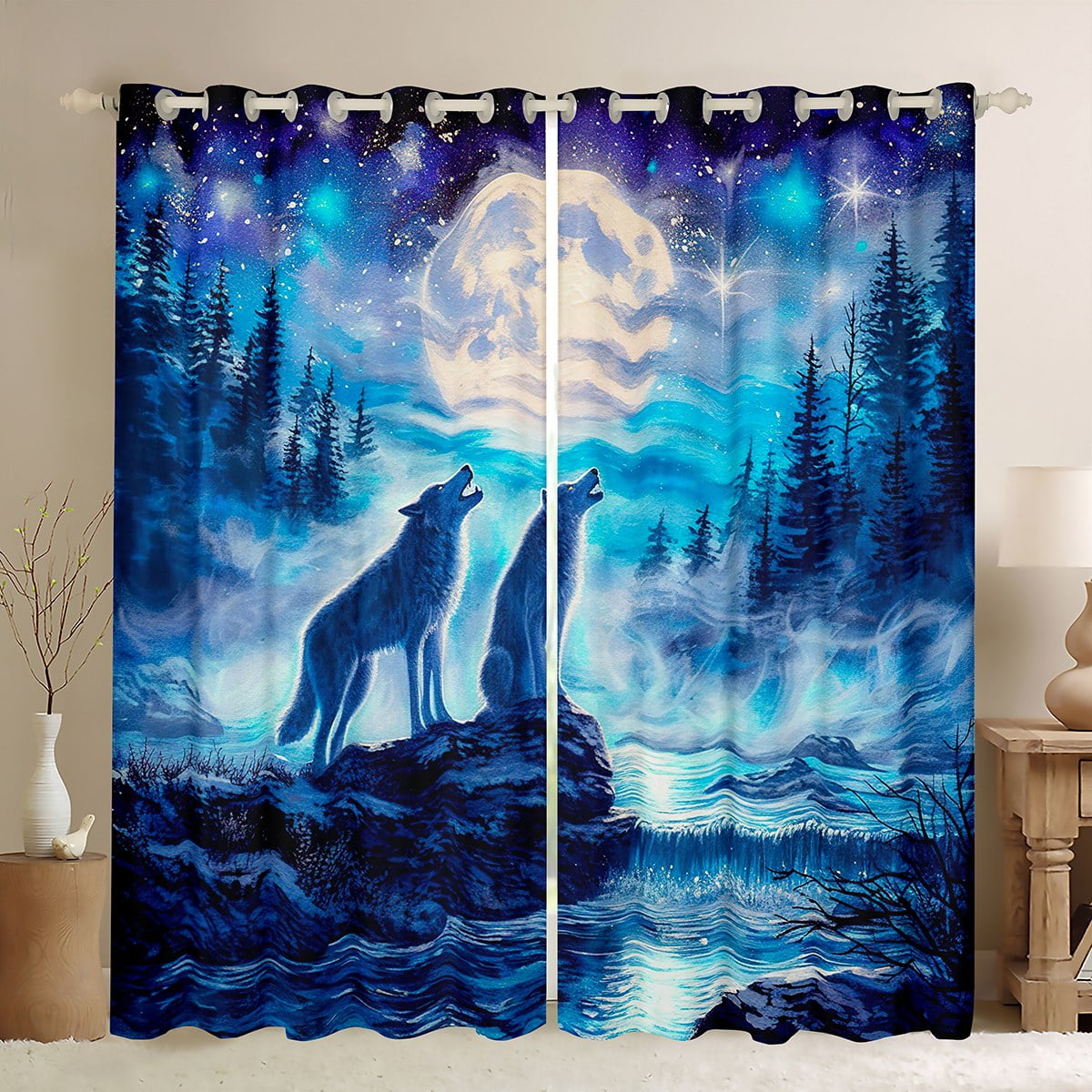 YST Wolf Curtains,Teal Blue Galaxy Curtains Blackout Moon and Stars ...