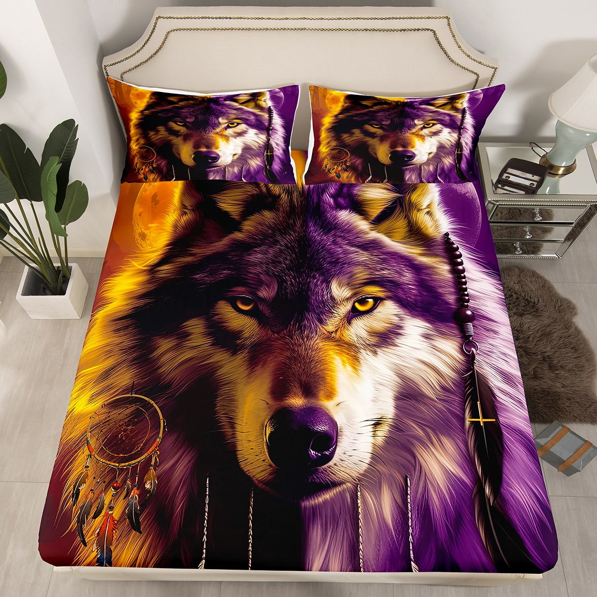 Erosebridal Wolf Dream Catcher Fitted Sheet Full Size,American Wolf ...