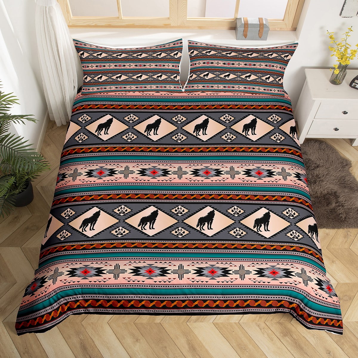 YST Wolf Duvet Cover Native Tribal Geometric Aztec Bedding Set Full ...