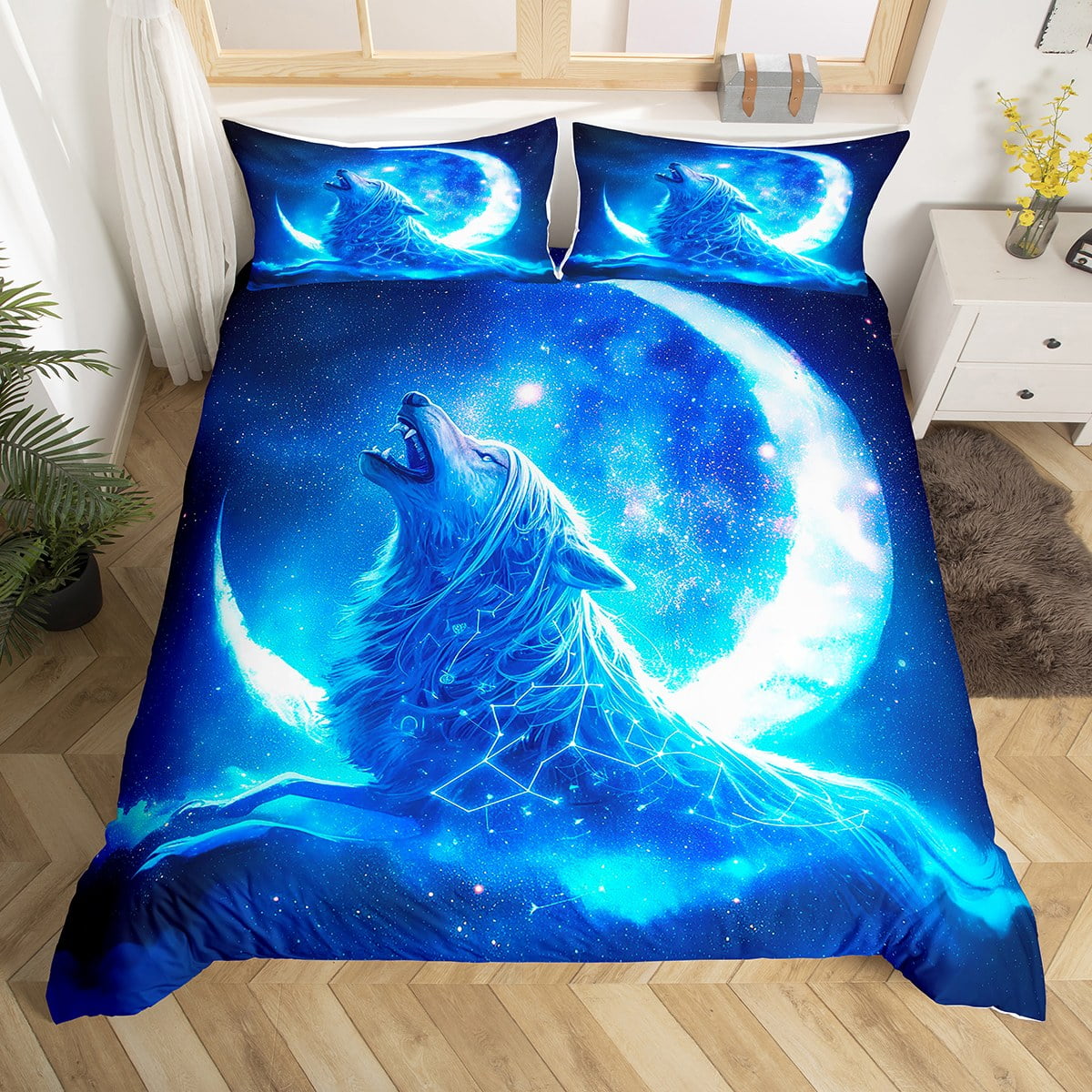 YST Wolf Duvet Cover Twin Size,Blue Moon Galaxy Bedding Set Wolf ...