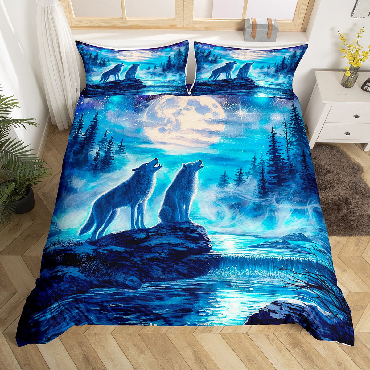YST Wolf Duvet Cover Twin Size,Teal Blue Galaxy Bedding Set Moon and ...