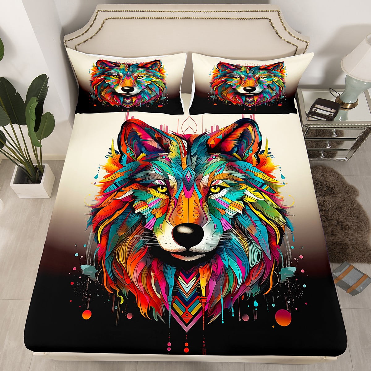 YST Wolf Fitted Sheet Dreamcatcher Wolf 3D Animal Bed Sheets Queen Size ...