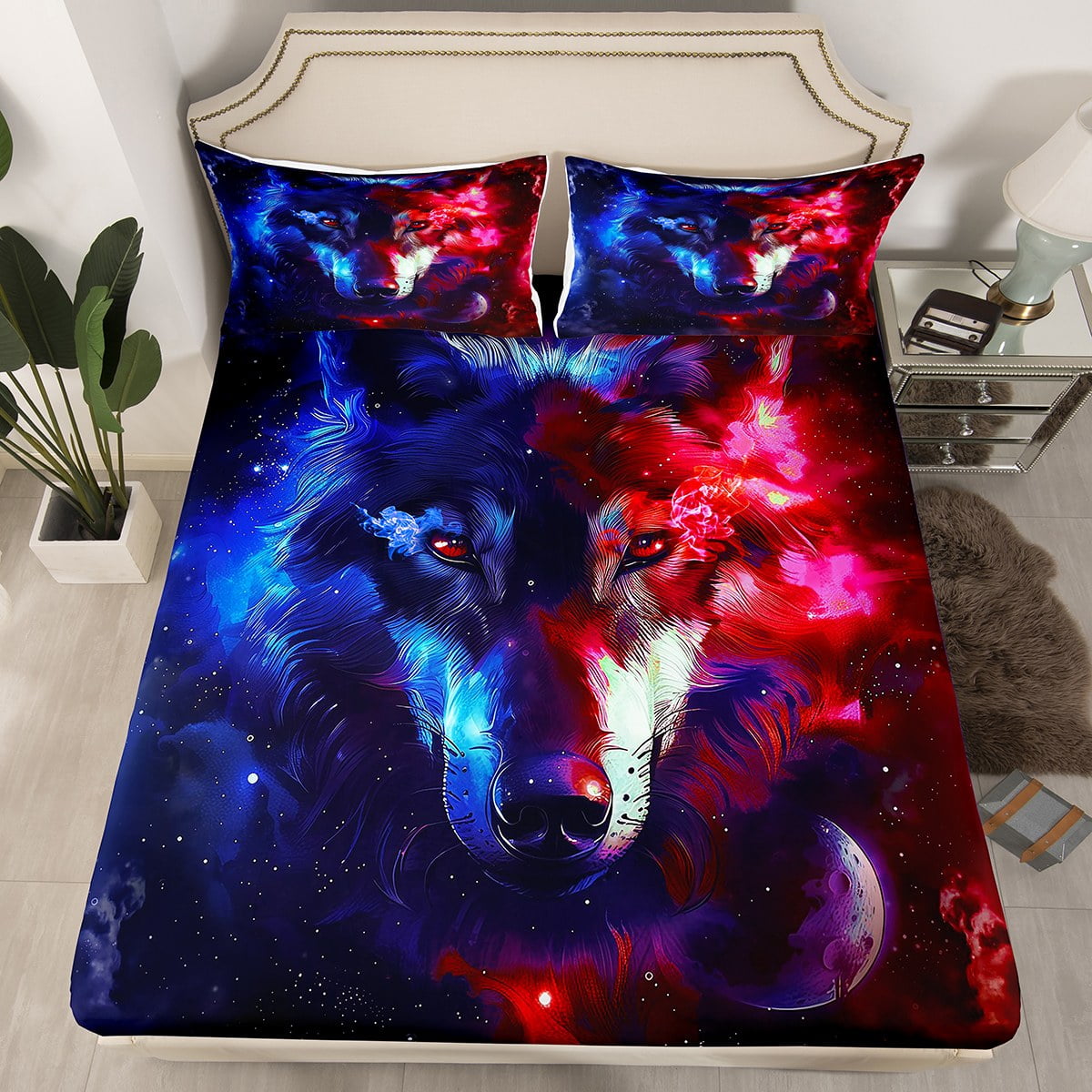 Erosebridal Wolf Fitted Sheet Ice Fire Wolf Galaxy Moon Bed Sheets 3 ...