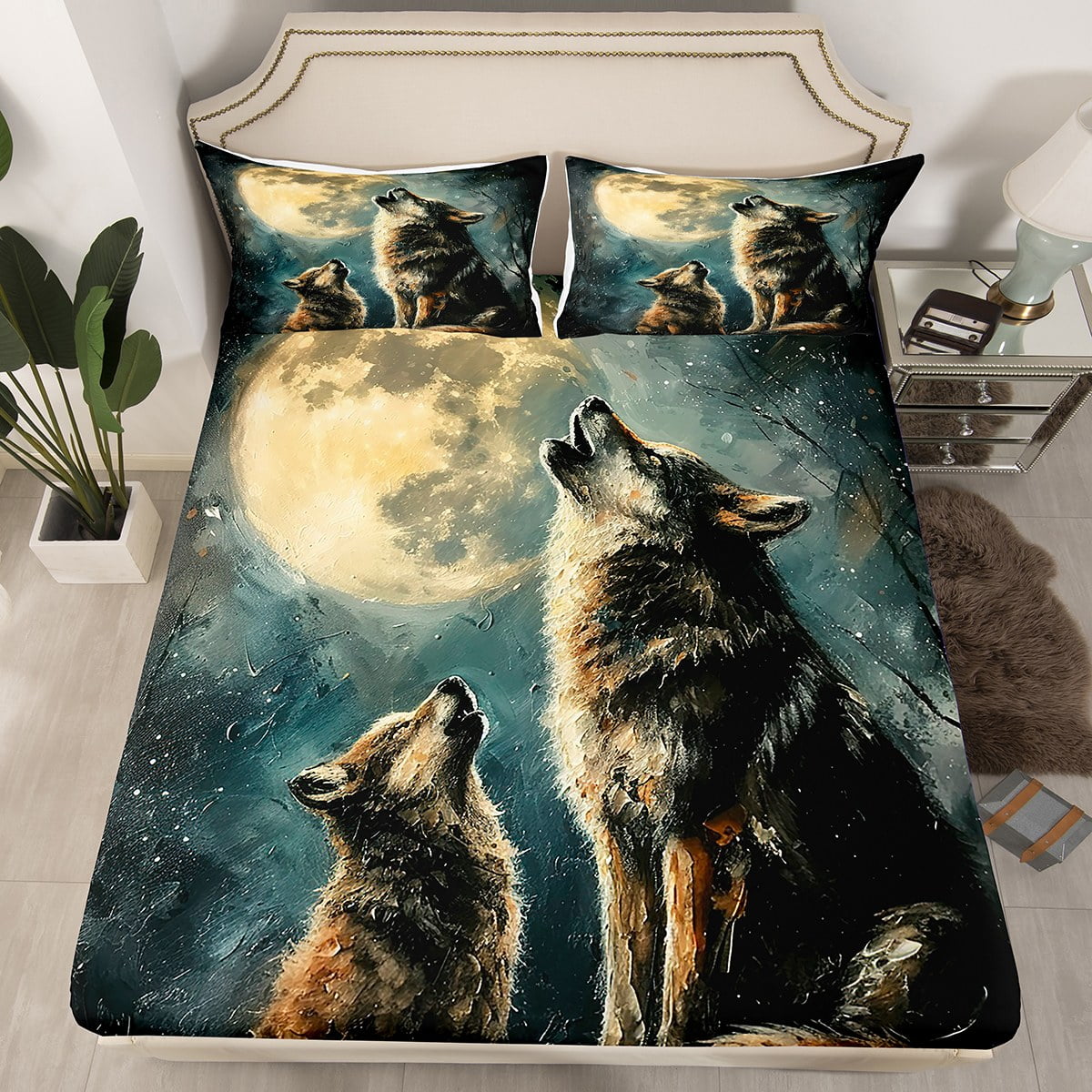 Erosebridal Wolf Fitted Sheet Full Adults,Galaxy Moon Wolf Bedding Set ...