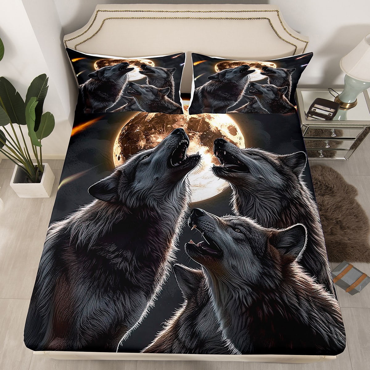Erosebridal Wolf Fitted Sheet Full,Galaxy Moon Wolf Bedding Set Goth ...