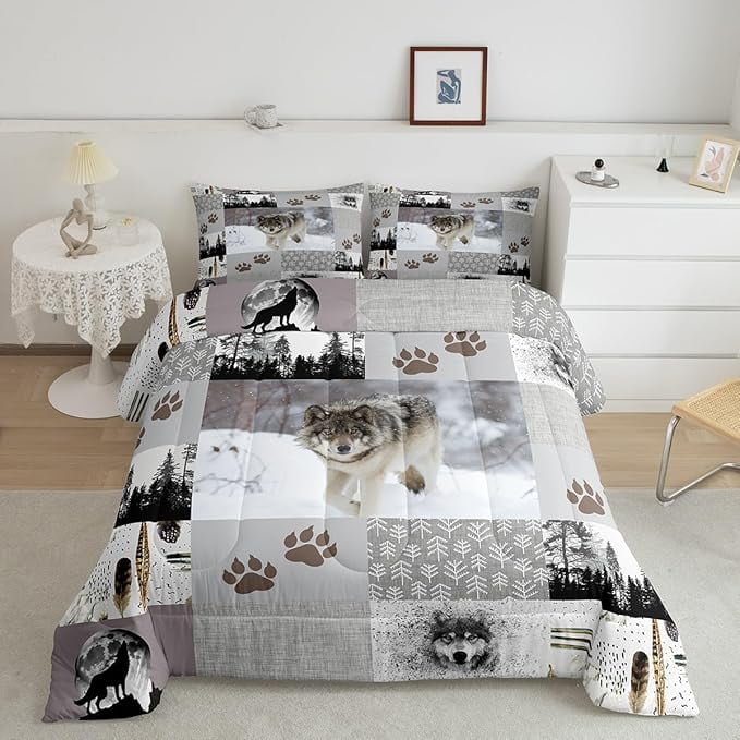 YST Wolf Kids Comforter Set Full Size,Wolf Paws Print Pine Trees Wild ...