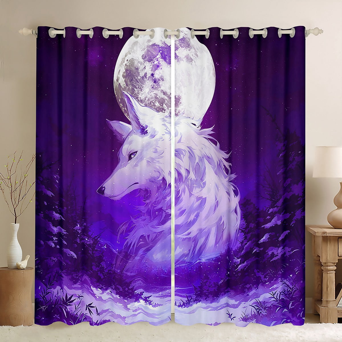 Wolf Curtains & Drapes 3D White Wolf Curtains,Fantasy Moon Wolf 30%-50% ...