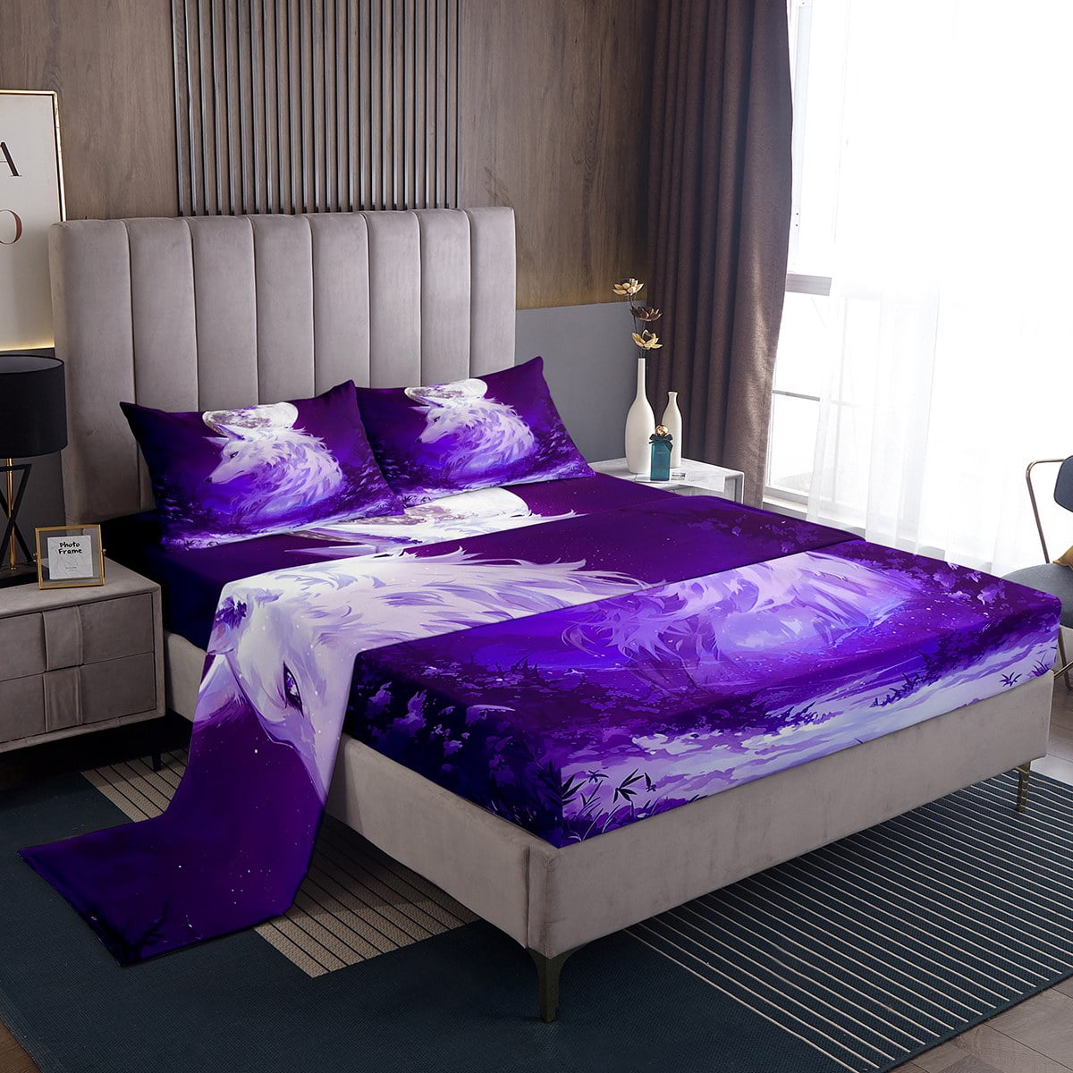 Erosebridal Wolf Sheets 3D White Wolf Sheet Set Full,Fantasy Moon Wolf ...