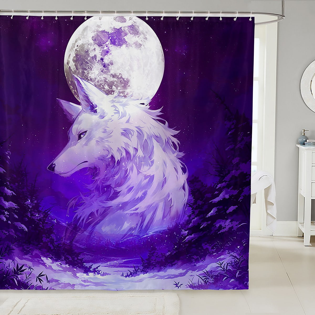 Wolf Shower Curtain 3D White Wolf Fabric Shower Curtain,Fantasy Moon ...