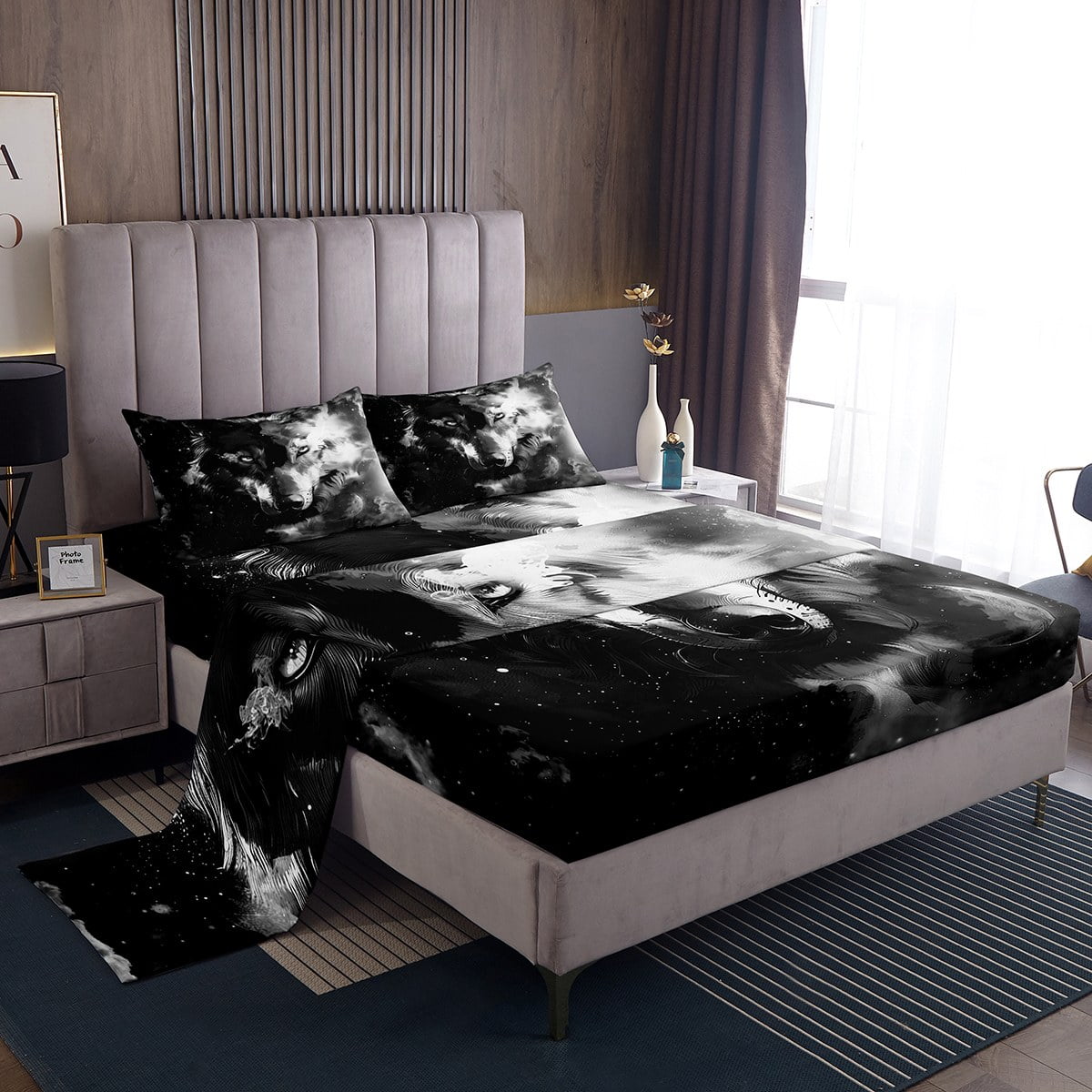 Erosebridal Wolf Printed Bed Sheets Set Black and White Wolf Tie Dye ...