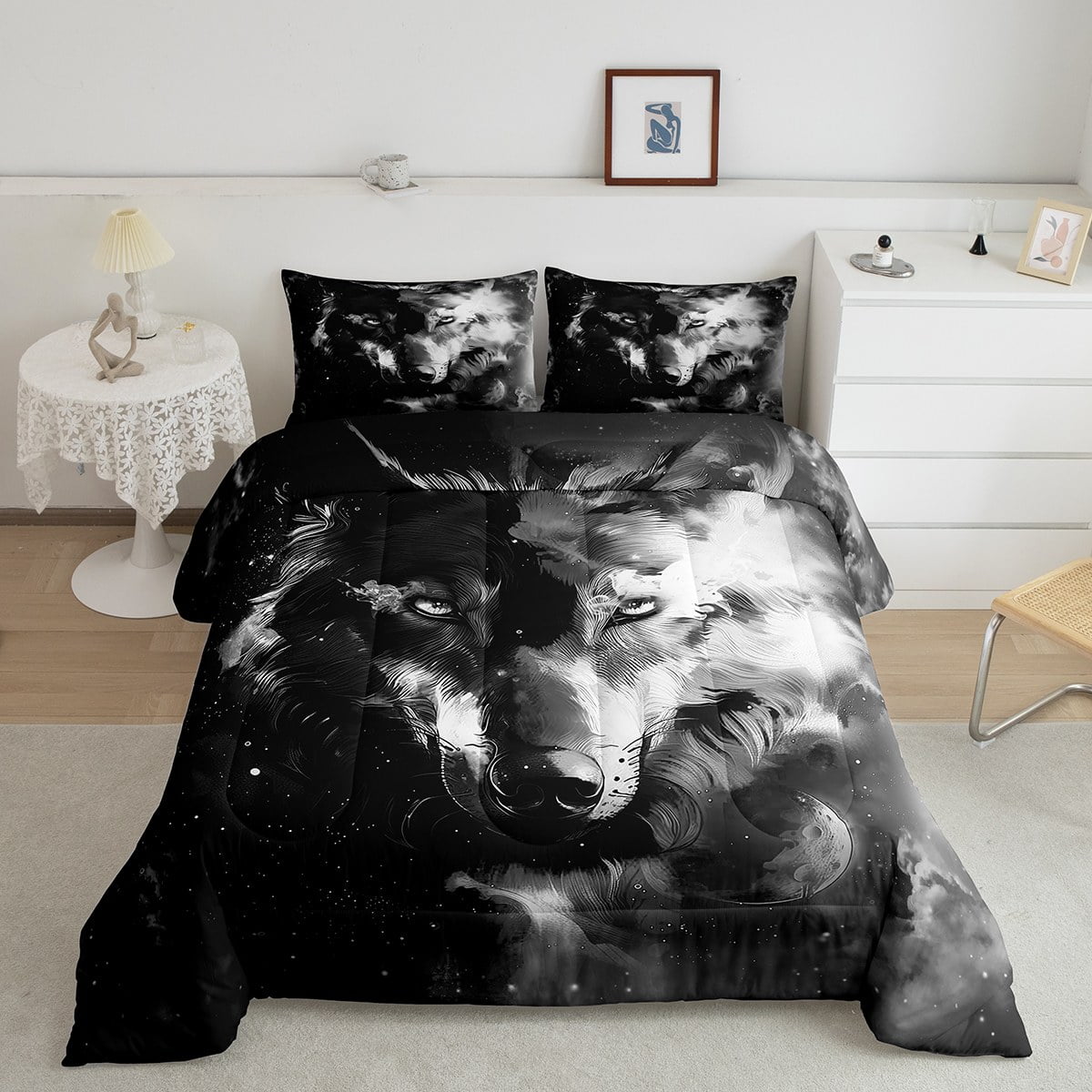 YST Wolf Printed Bedding Comforter Sets for Boys Girls Black and White Wolf Tie Dye Printed ...