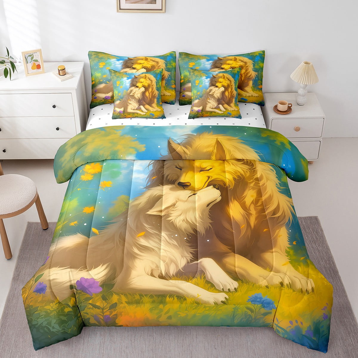 Wolf Queen Comforter 7 Pieces, Forest Wild Animal Fitted Sheet Tribal ...