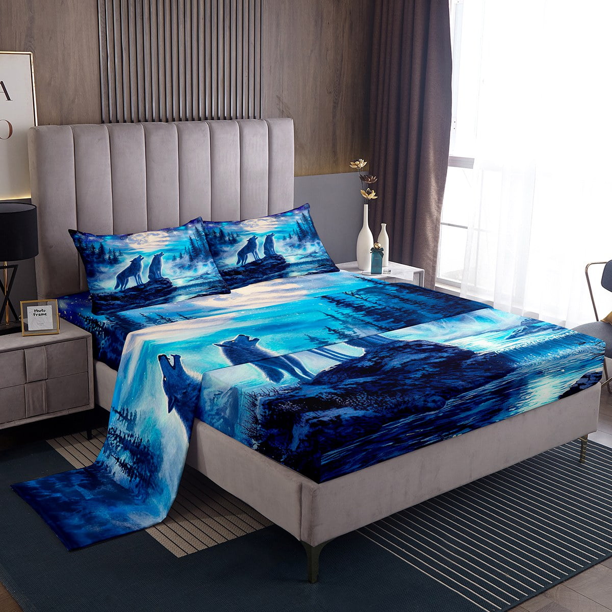 Erosebridal Wolf Sheets Queen Size,Teal Blue Galaxy Sheet Set Moon and ...