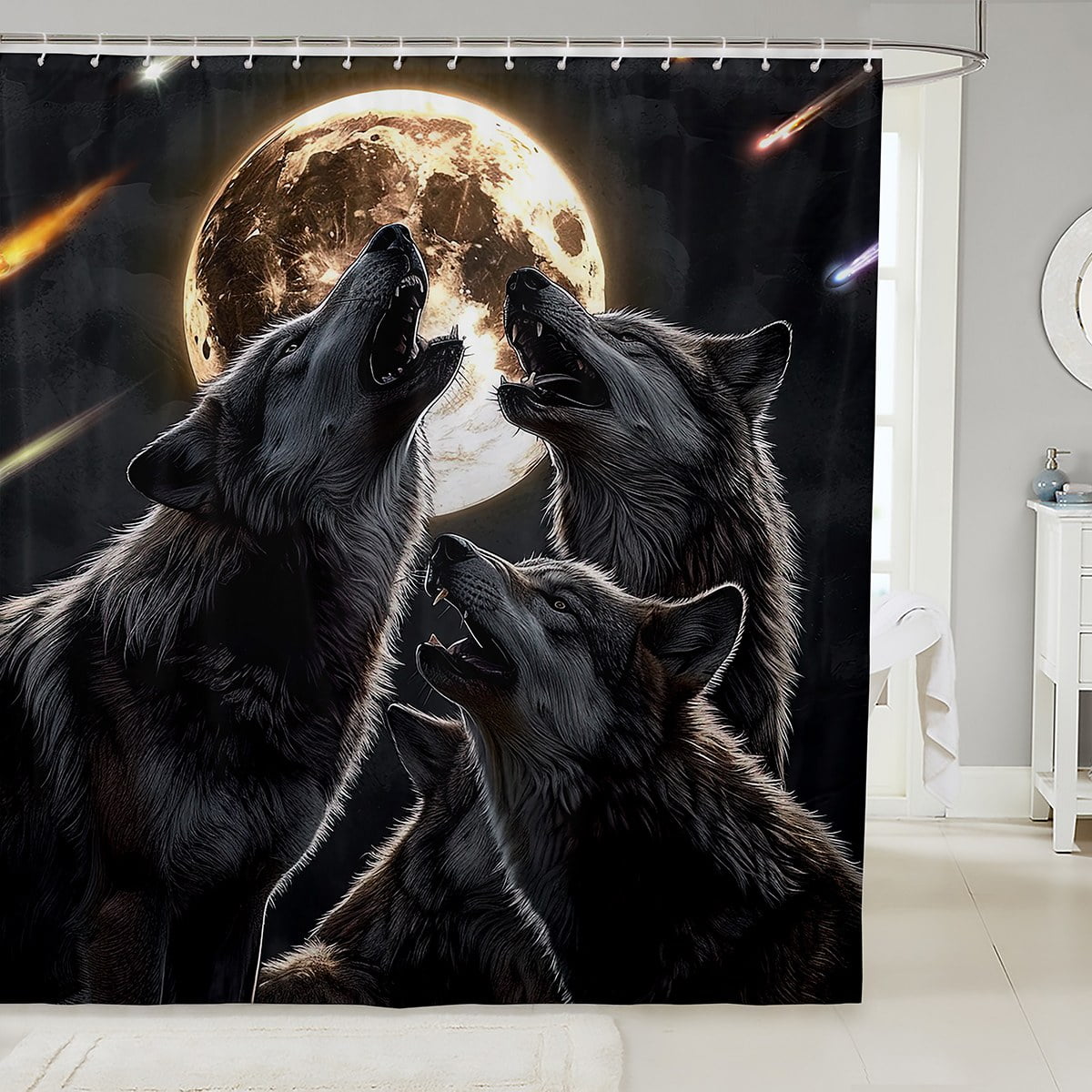 Wolf Shower Curtain Set,Galaxy Moon Wolf Bathroom Accessories Goth ...