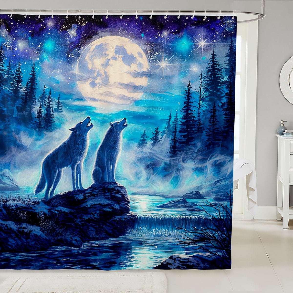 Wolf Shower Curtain Set,Teal Blue Galaxy Bathroom Accessories Moon and ...