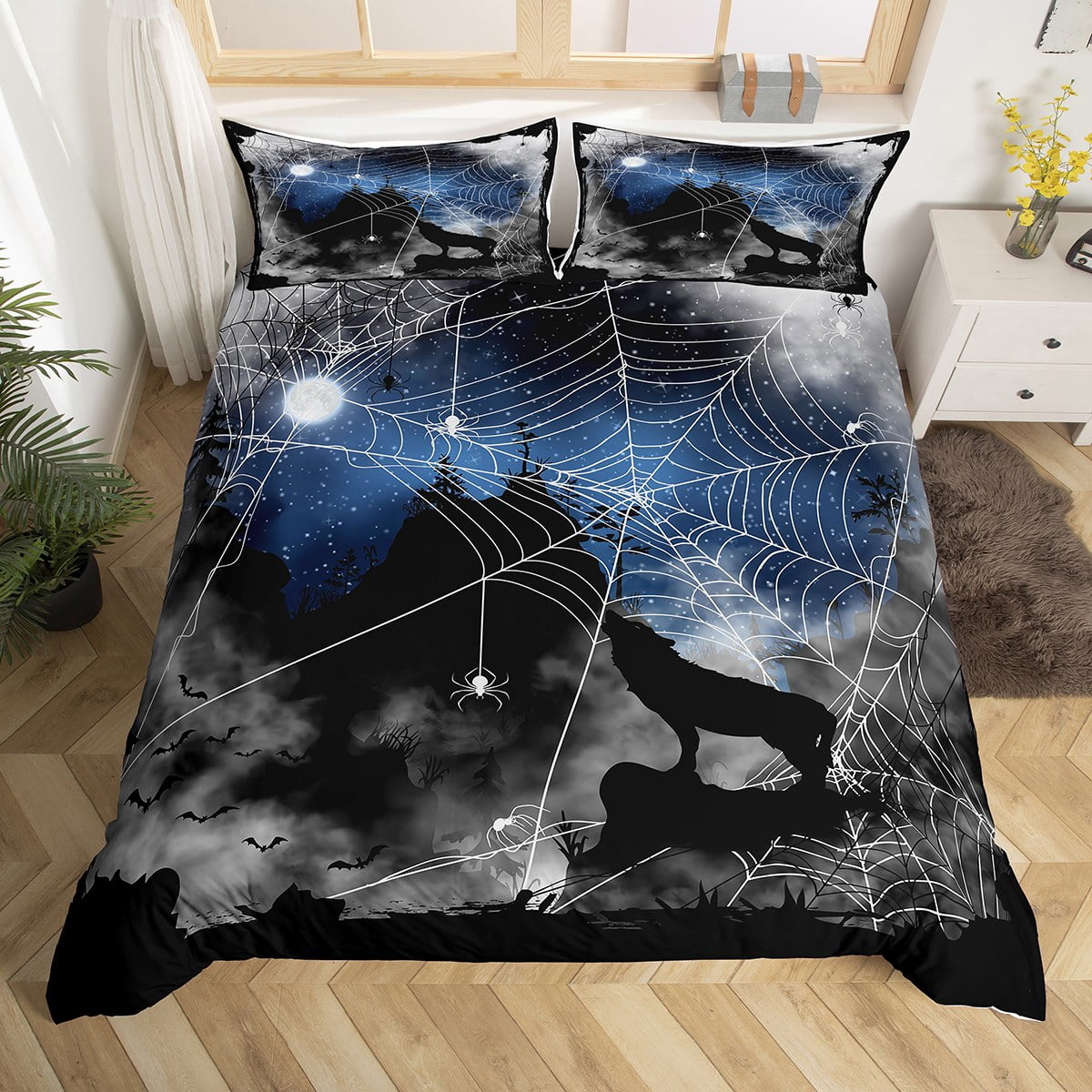 Wolf Silhouette Duvet Cover King Psychedelic Galaxy Bedding Set ...