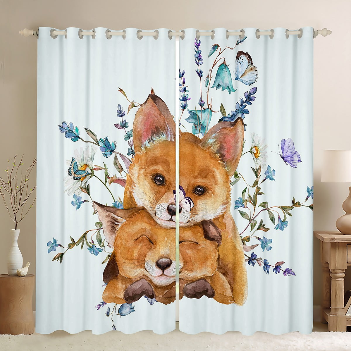 YST Woodland Animal Curtains Watercolor Fox Curtains & Drapes, Pink ...