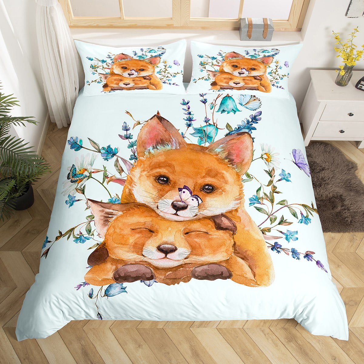 YST Woodland Animal Duvet Cover Full Watercolor Fox Bedding Sets, Pink ...
