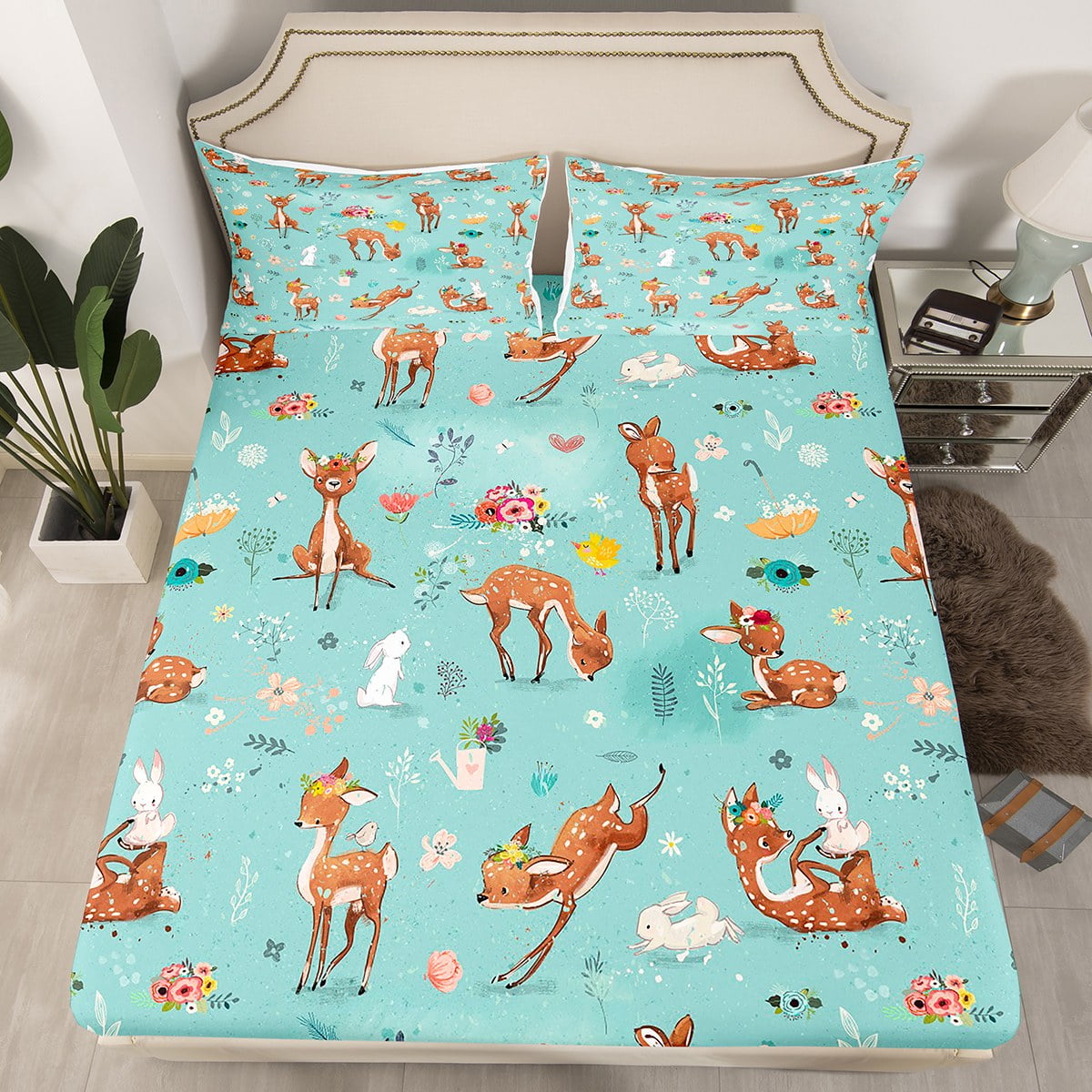 YST Woodland Animal Fitted Sheet Kids Sika Deer Print Bedding Set 3 ...