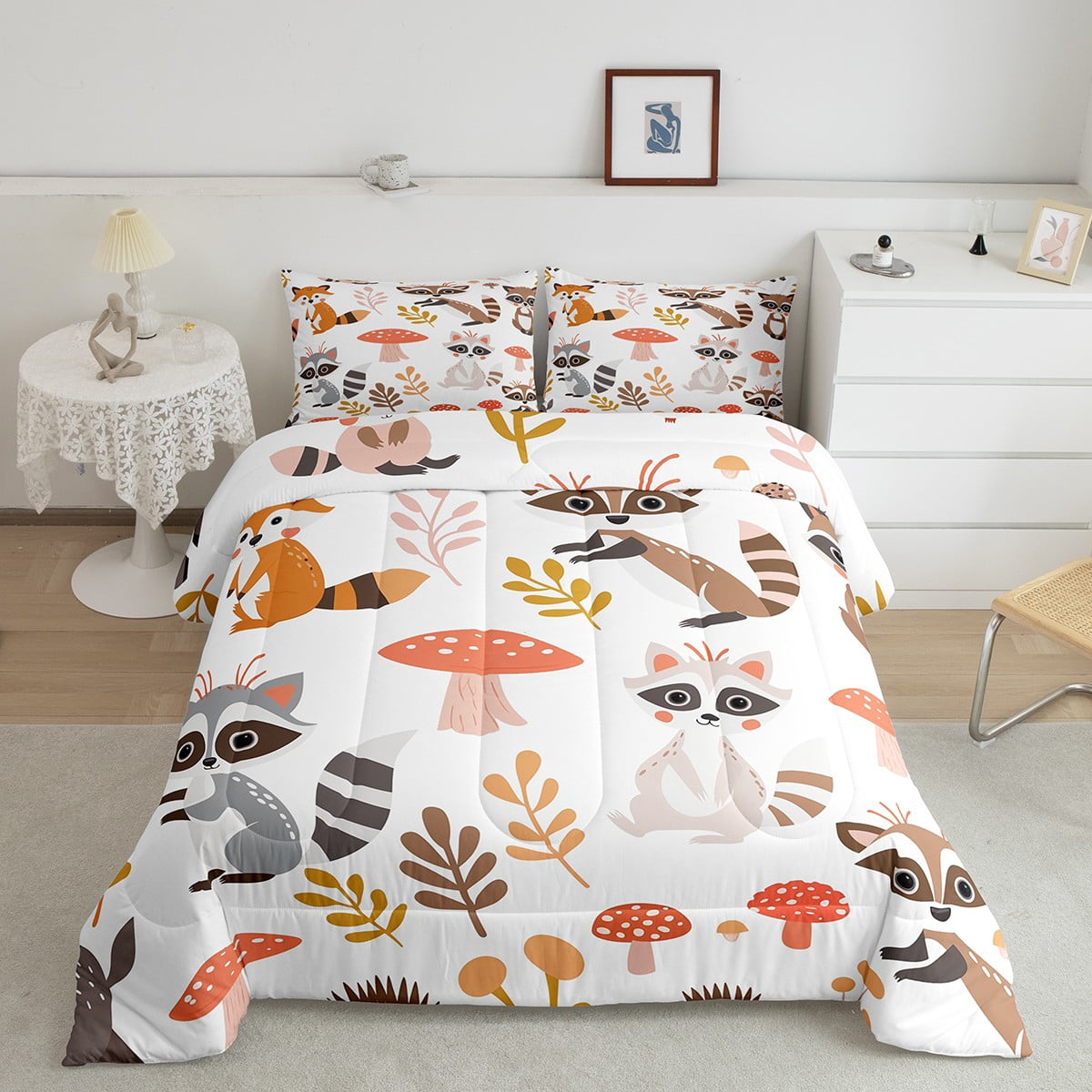 Woodland Animal Bedding Set Queen Size Cute Raccoon Fox Comforter Set ...