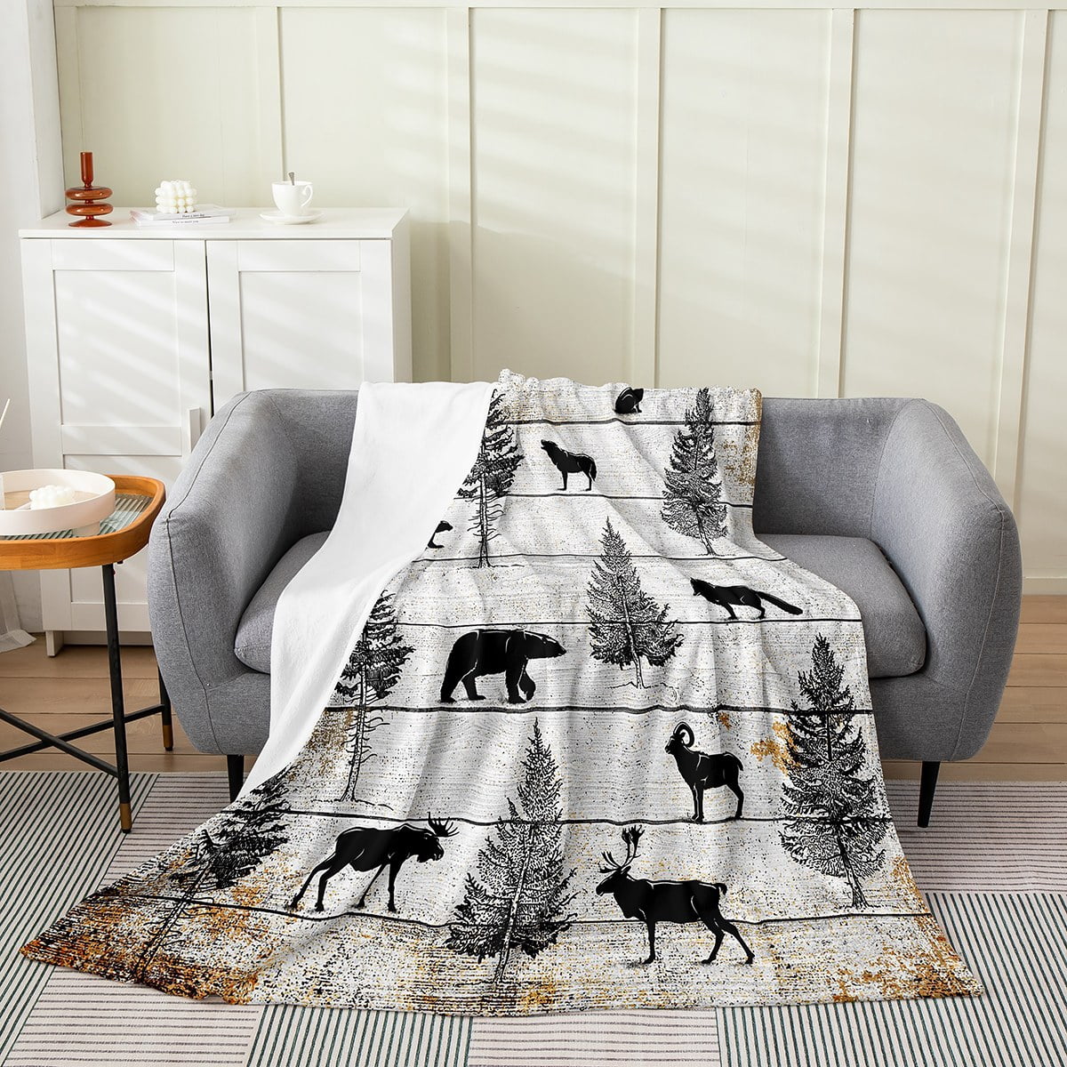 Woodland Animals Blanket,Bear Elk Deer Fleece Blanket Rabbit Wolf Fox ...